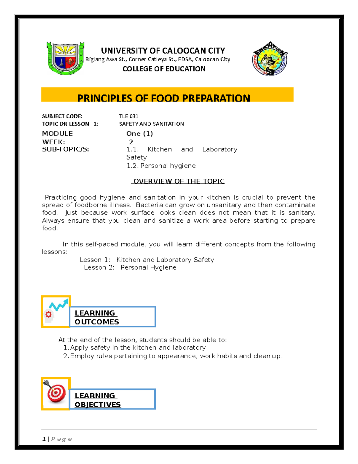 TLE-031-Module 1 PROF S COPY - MODULE WEEK: One (1) 2 SUB-TOPIC/S: 1 ...