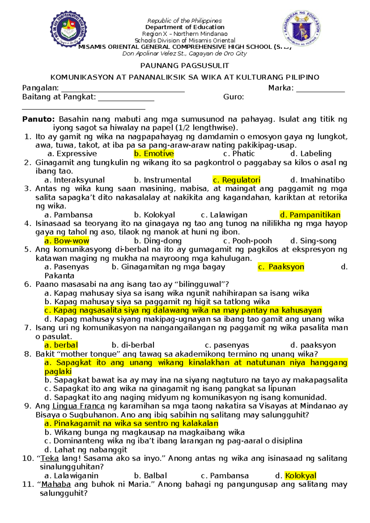 Diagnostic Test - Republic of the Philippines Department of Education ...