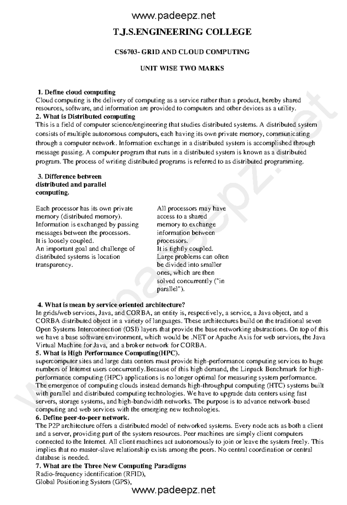 Cloud computing iq - Lecture notes 1 - T.J.S COLLEGE CS6703- GRID AND ...