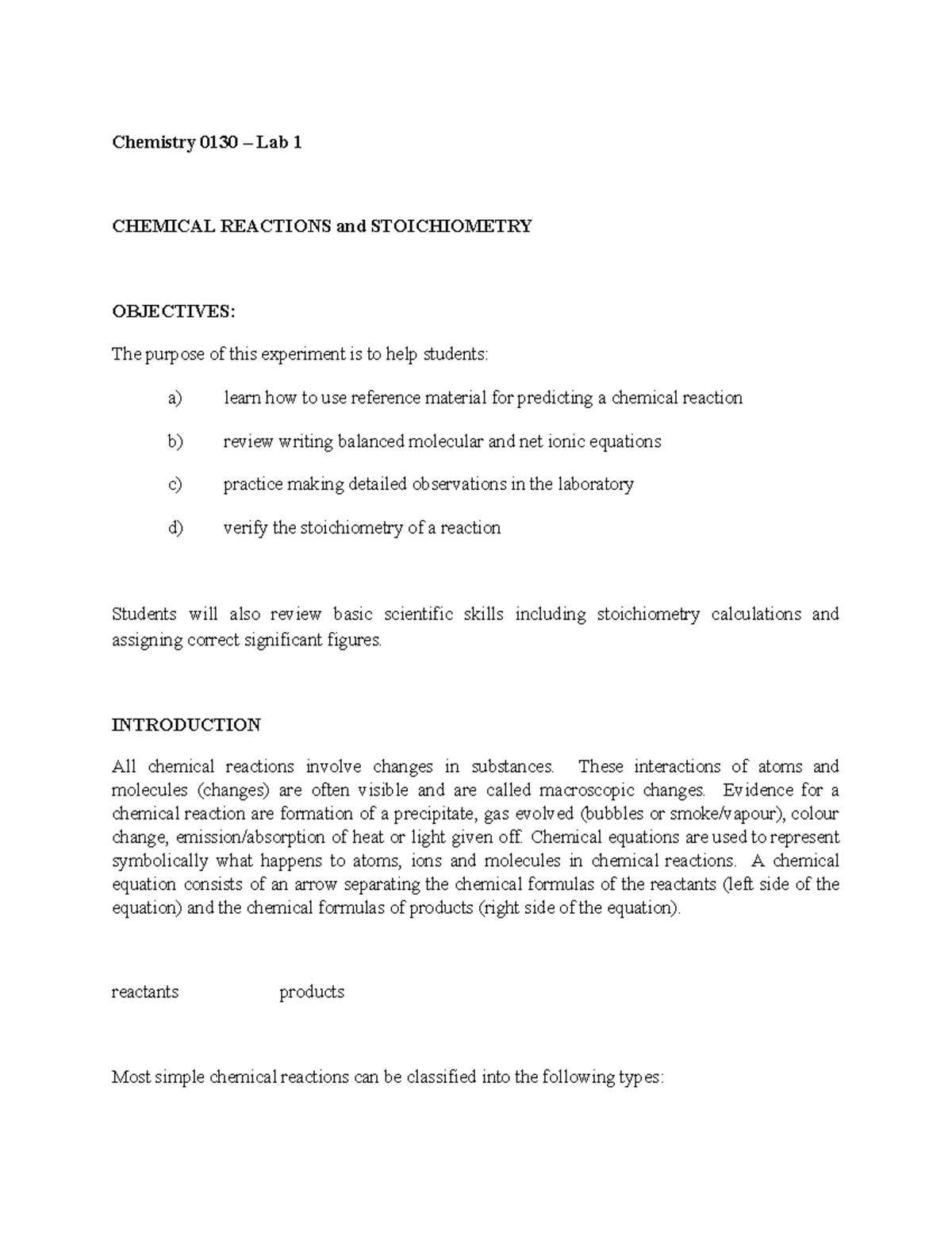 Chemistry 0130 – Lab 1 - loilolo - Chemistry 0130 – Lab 1 CHEMICAL ...