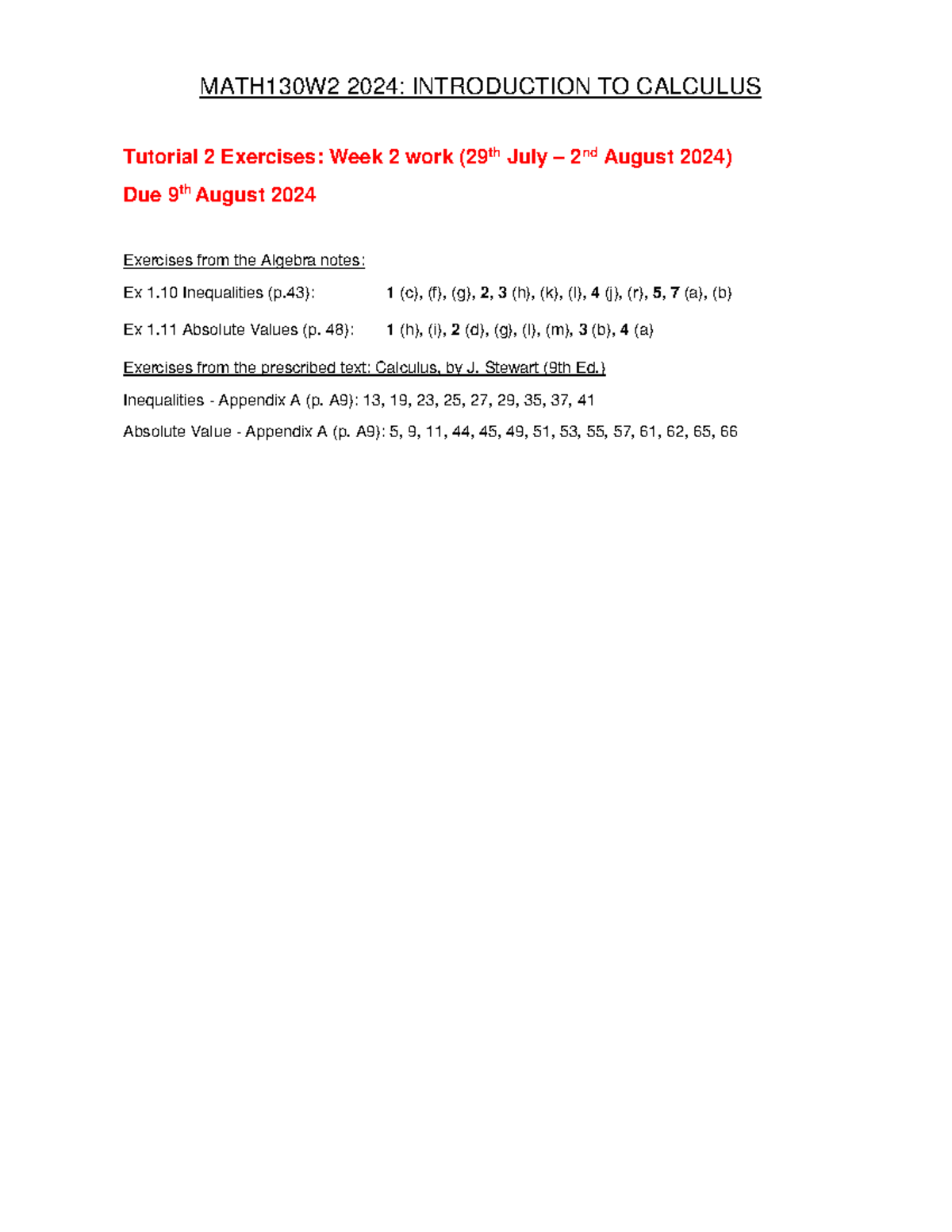 MATH130 W2 2024 Tutorial 2 - MATH130W2 2024: INTRODUCTION TO CALCULUS ...