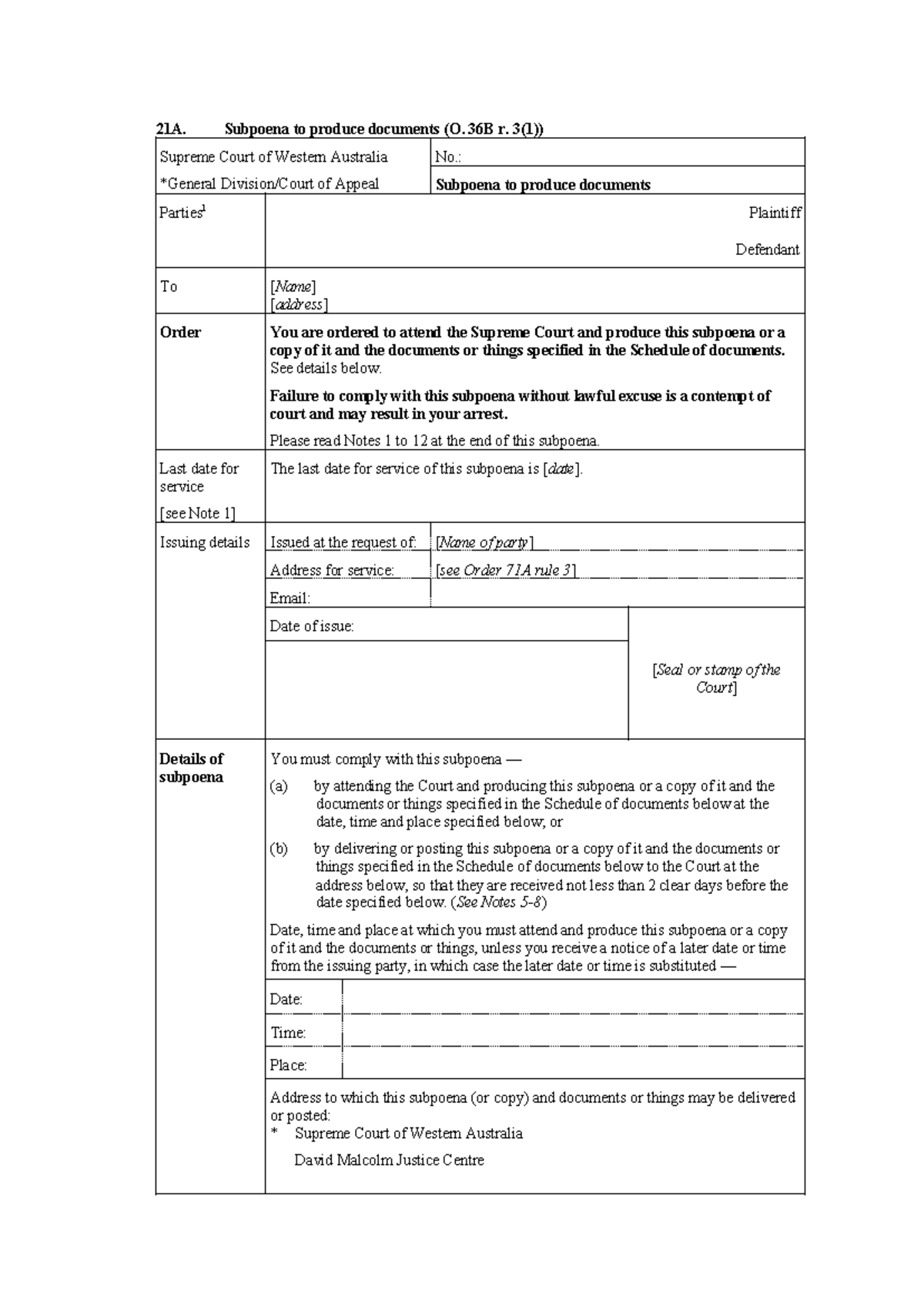 Form 21A - Subpoena to Produce Documents - 21A. Subpoena to produce ...
