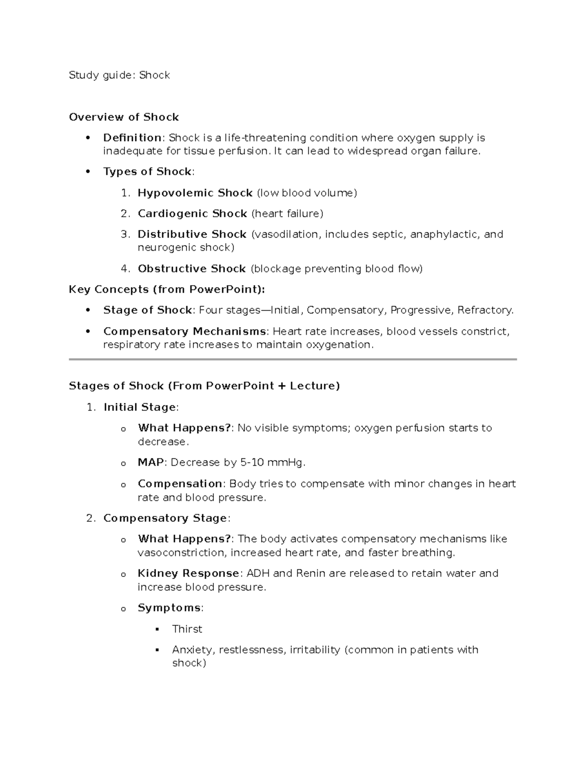 Study Guide Shock and Hypovolemic Shock - Study guide: Shock Overview ...
