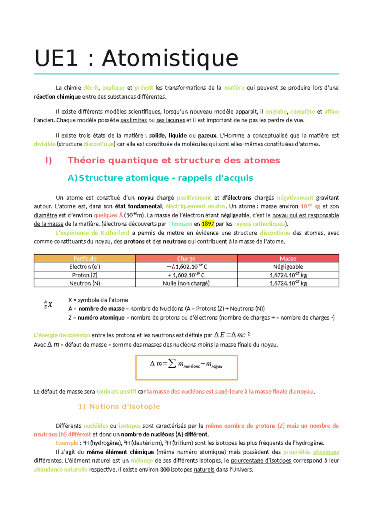 Cours - Atomistique - UE1 : Atomistique La chimie décrit, explique et prévoit les ...