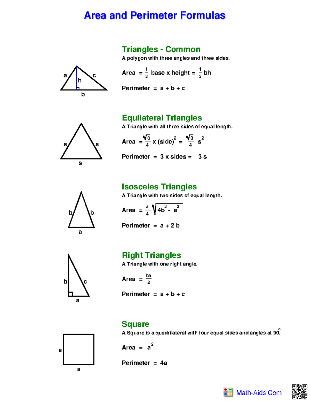 Area and perimeter formulas - Math-Aids Area and Perimeter Formulas ...