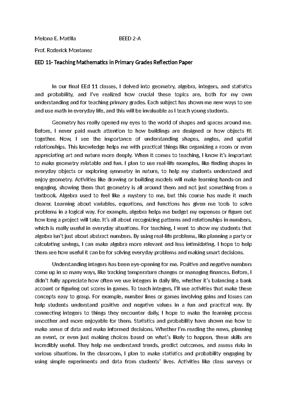 MATH- Reflection Paper - Melona E. Matilla BEED 2-A Prof. Roderick ...