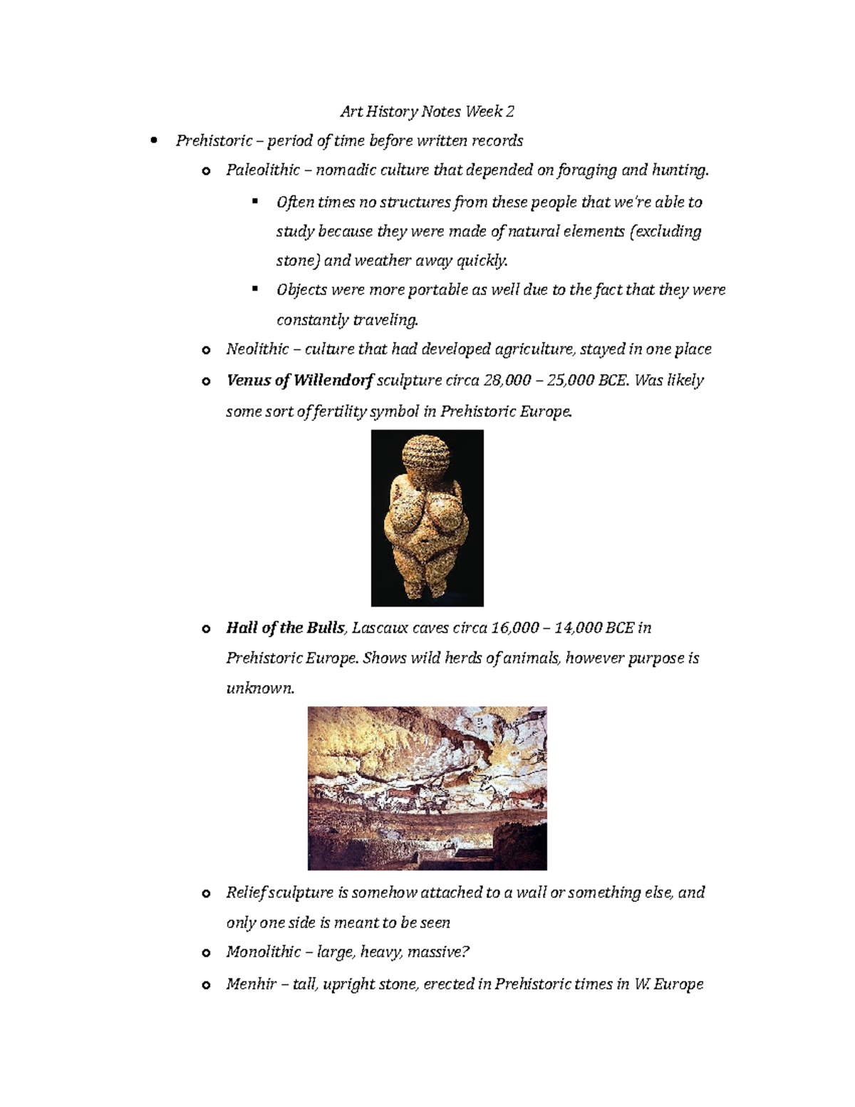 Art History 1 Notes, Lecture 2 - Art History Notes Week 2 Prehistoric ...