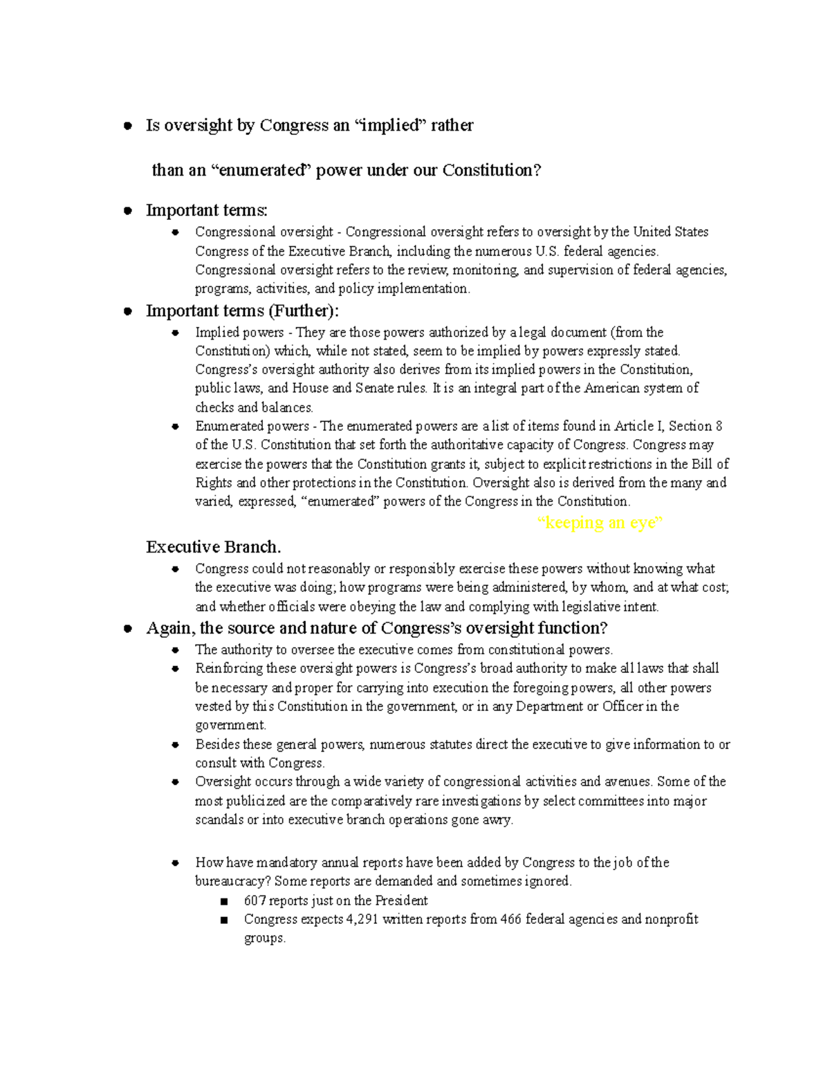 Executive Branch 11 - Is oversight by Congress an “implied” rather than ...