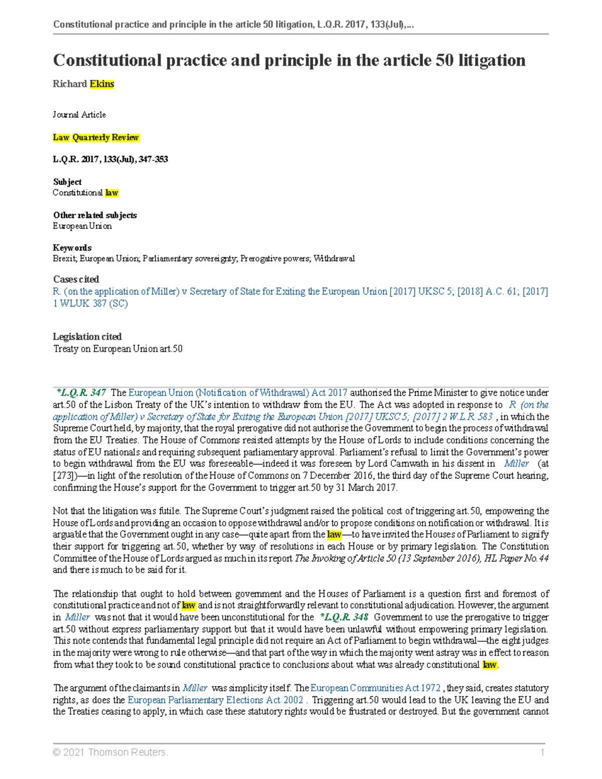 *Ekins, ‘Constitutional Practice and Principle in the Article 50 ...