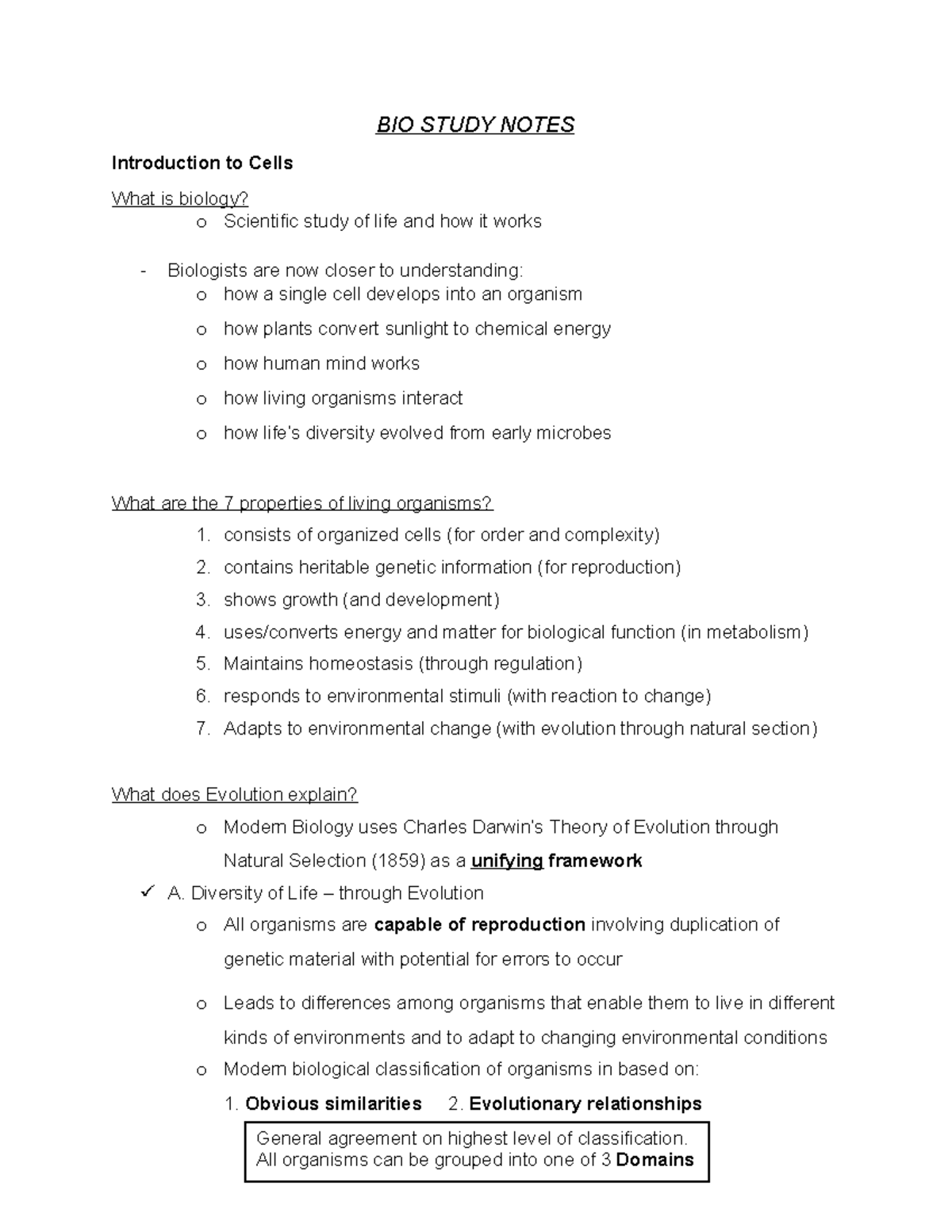 BIOL 1010 Study Notes Part 1 - BIO STUDY NOTES Introduction to Cells ...