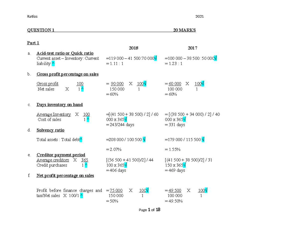 Ratio Solutions - QUESTION 1 20 MARKS Part 1 2018 2017 a. Acid-test ...