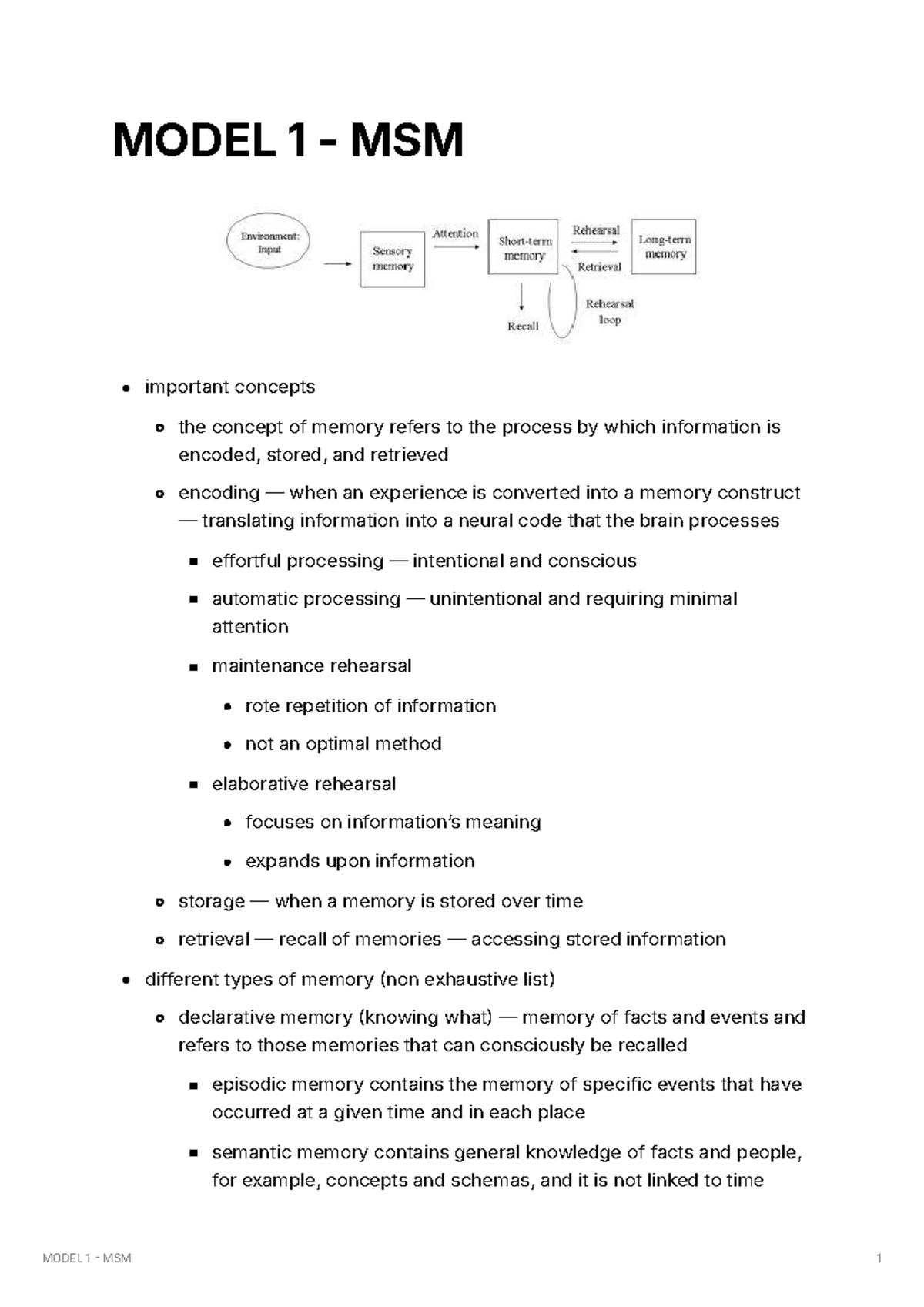 Model 1 - MSM - MODEL 1 - MSM important concepts the concept of memory refers to the process by ...