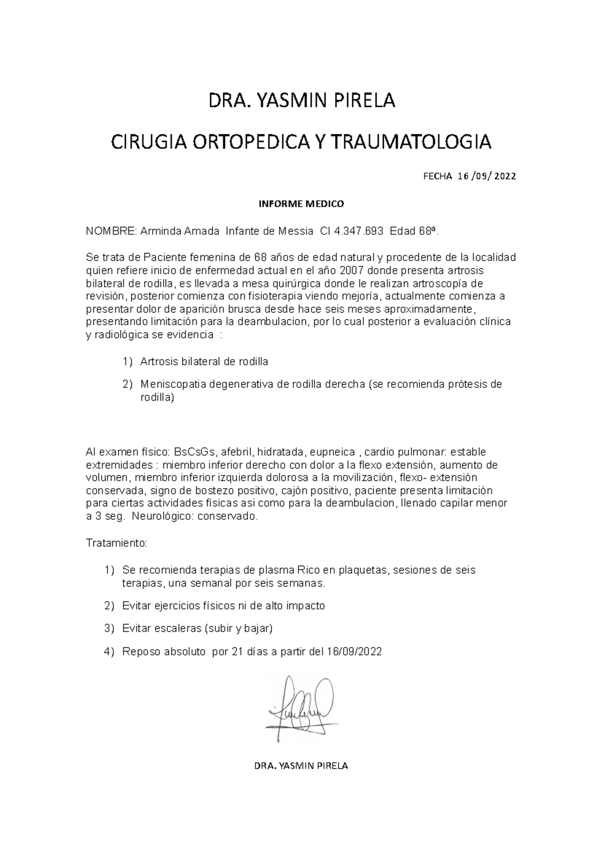 Informe Medico Arminda - DRA. YASMIN PIRELA CIRUGIA ORTOPEDICA Y ...