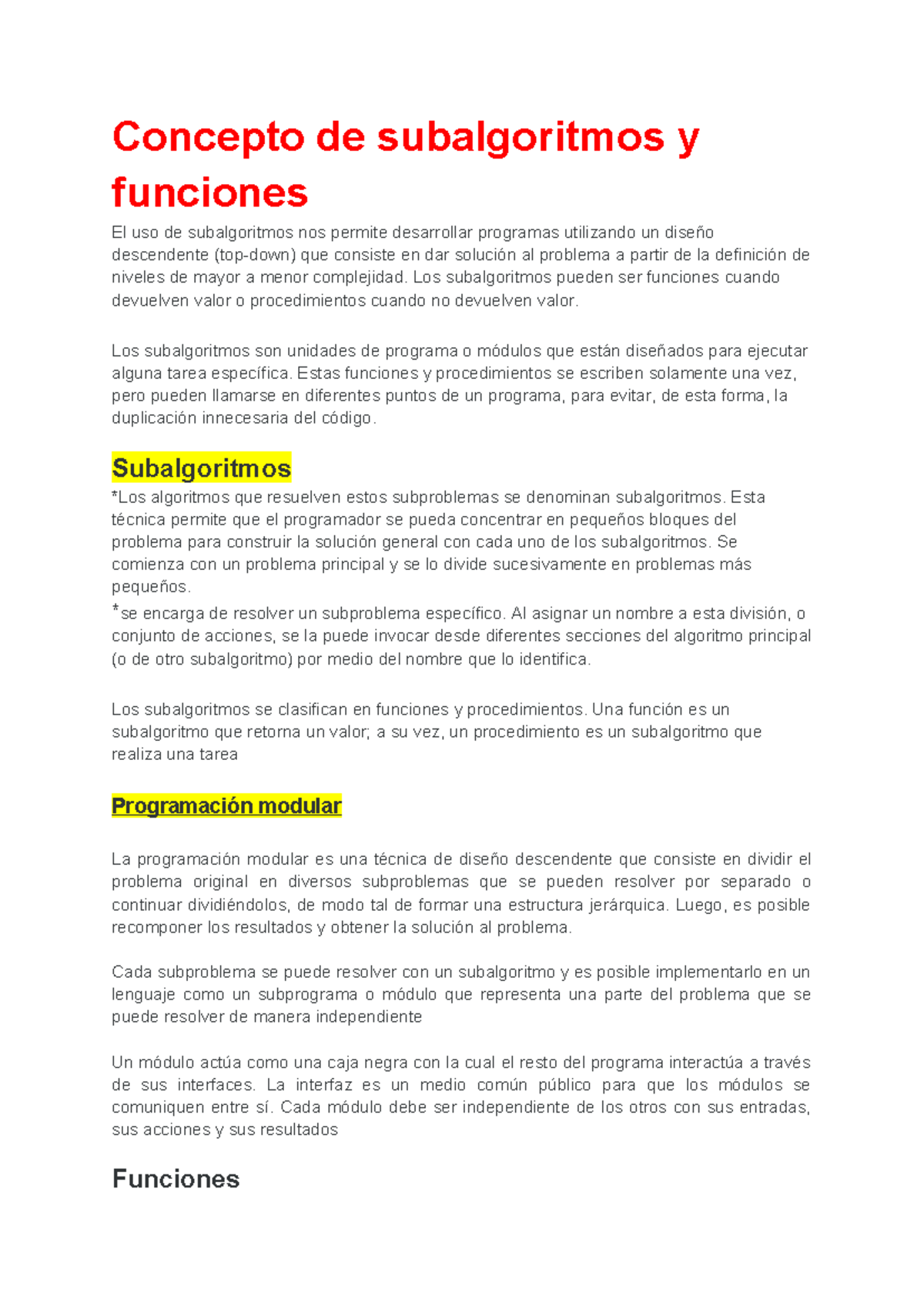 resumen de introduccion a los algoritmos - Concepto de subalgoritmos y funciones El uso de - Studocu