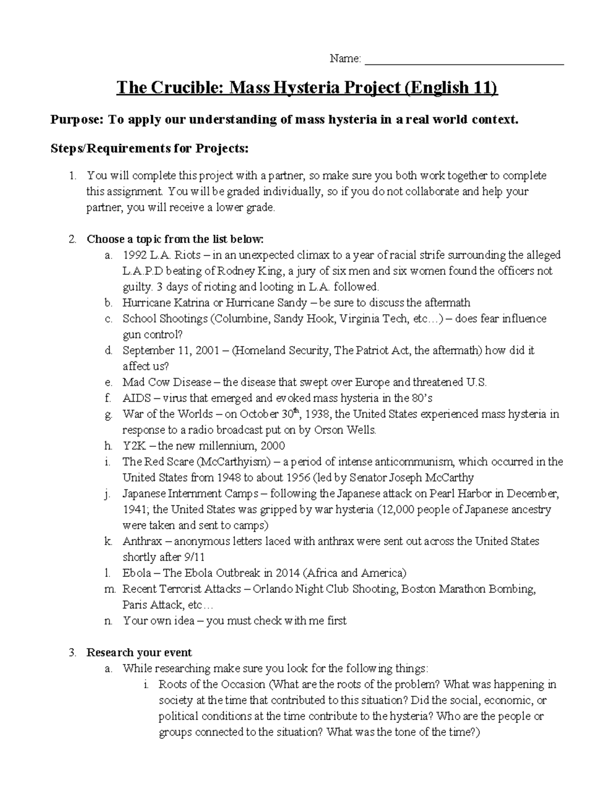 The Crucible Project - Name: _________________________________ The ...