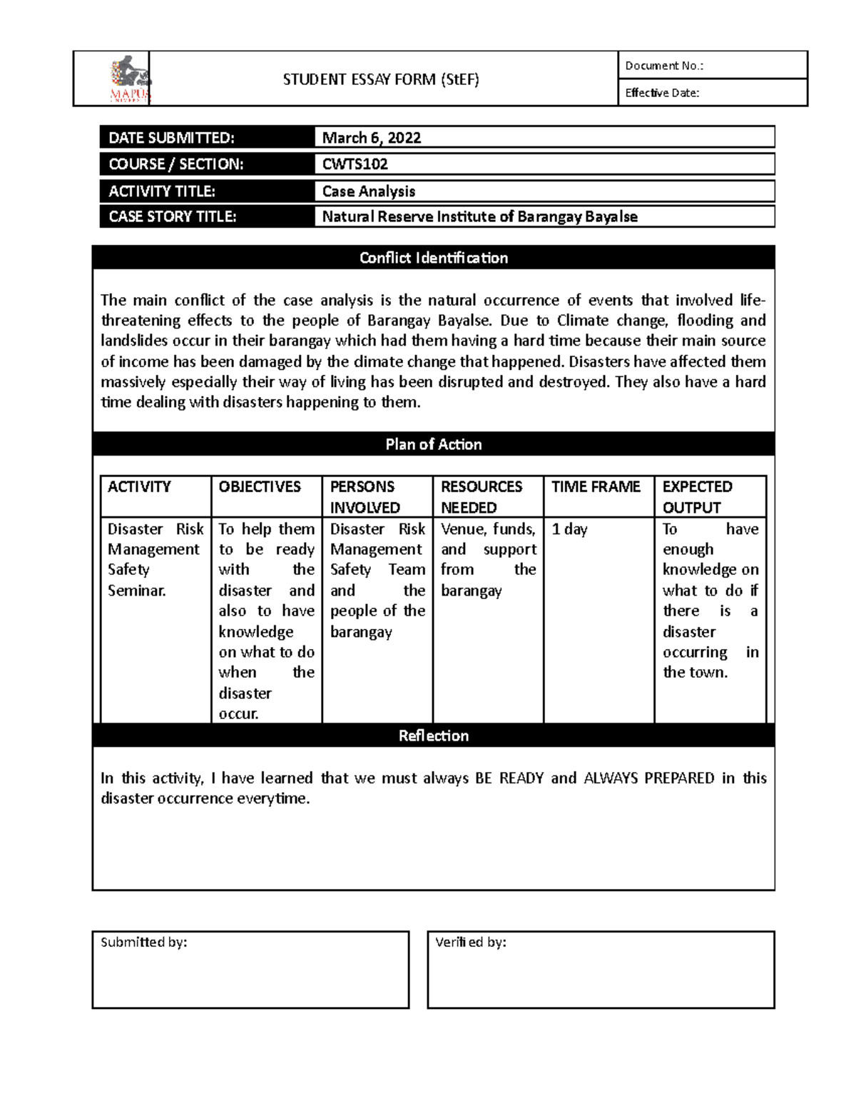 Form - Case analysis Essay Natural Reserve Institute of Barangay ...