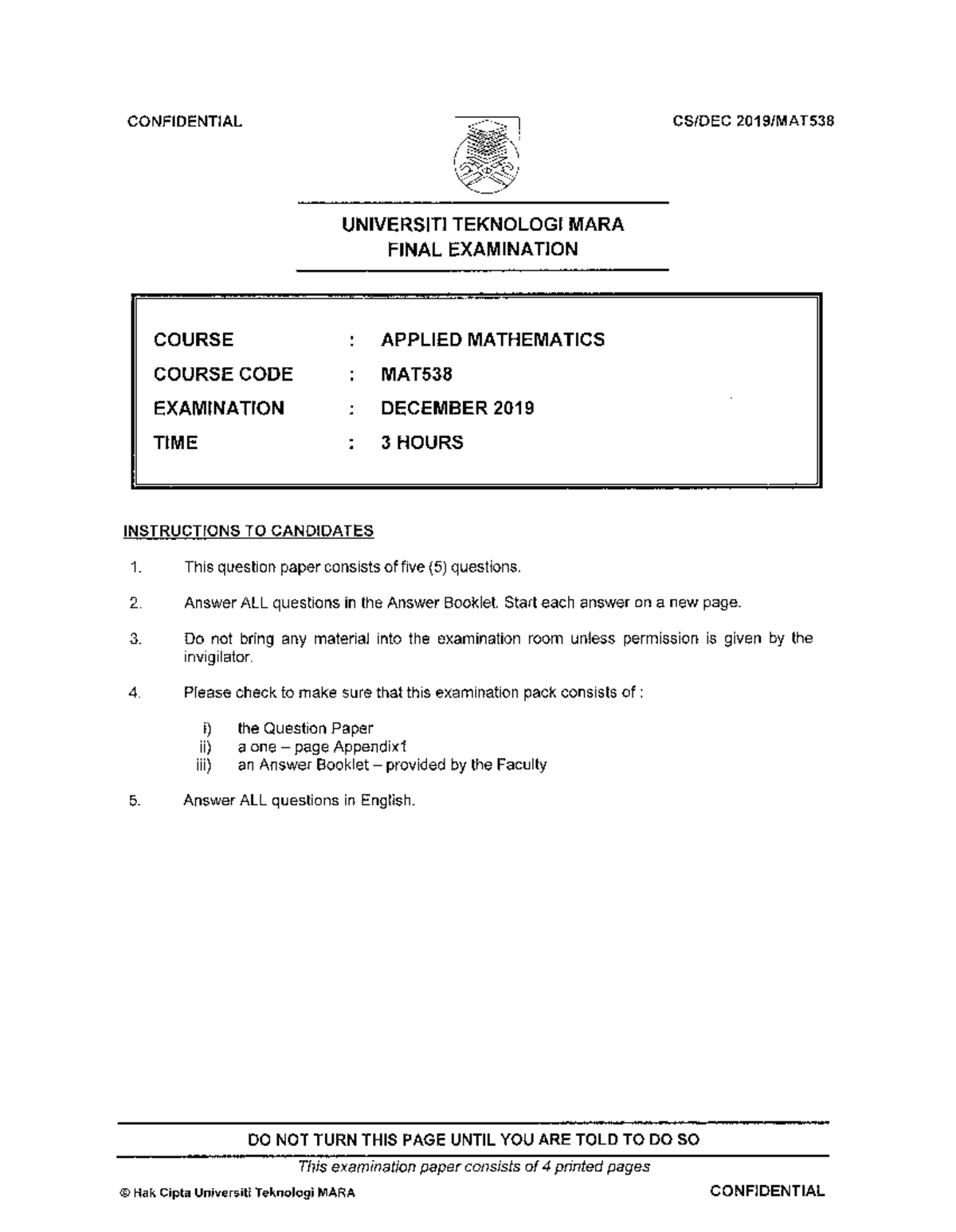 MAT538 DEC 2019 PAST YEAR QUESTION - applied mathematic - UiTM - Studocu