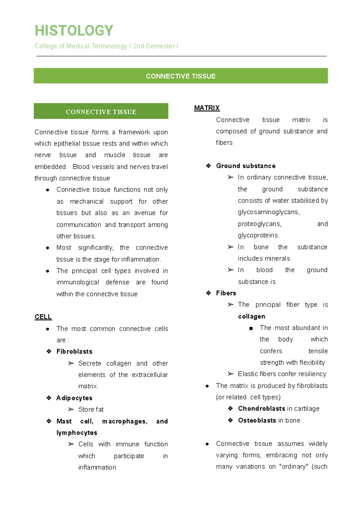 Connective Tissue - HISTOLOGY College of Medical Terminology I 2nd ...