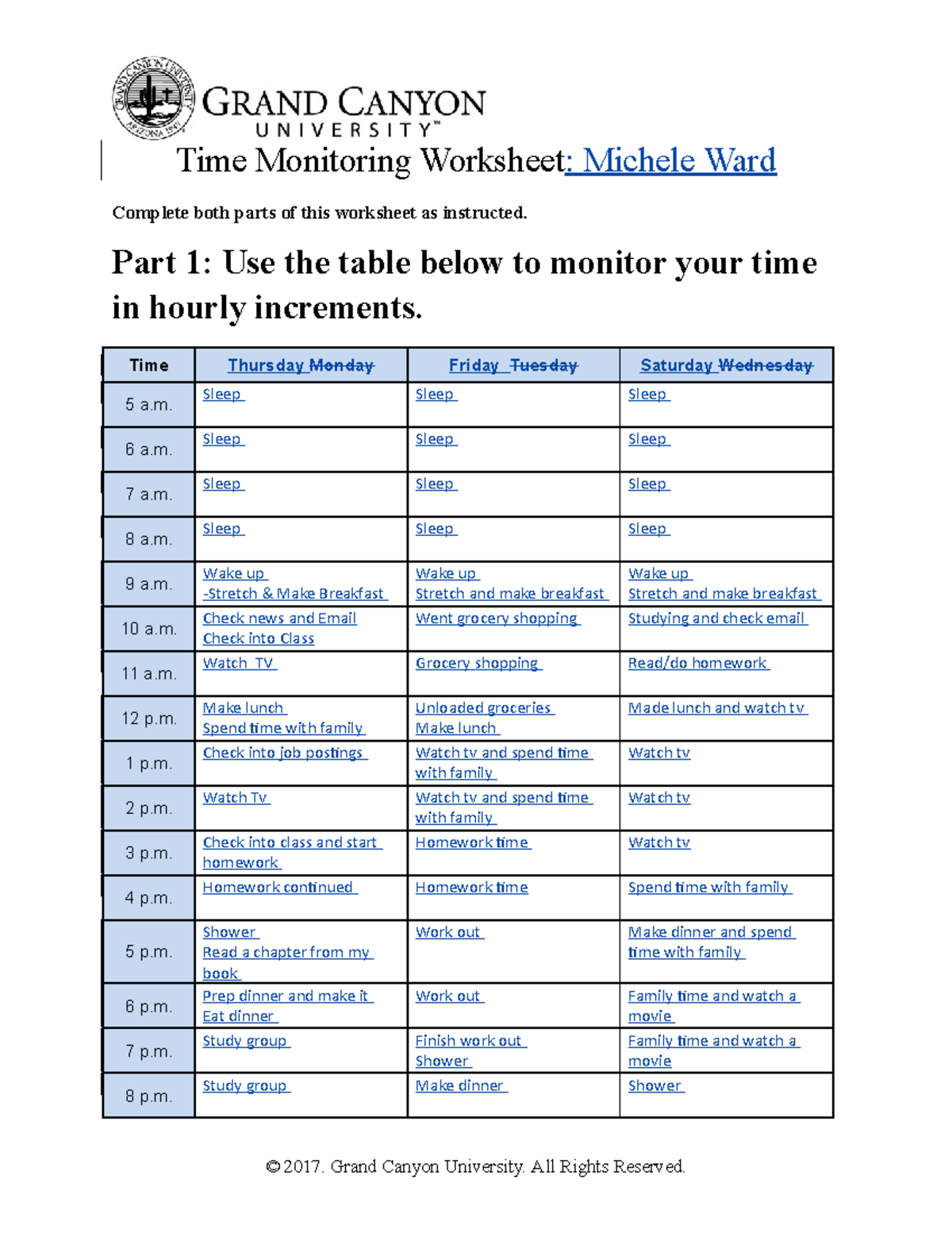 UNV 506 R Time Monitor Worksheet - Time Monitoring Worksheet: Michele ...