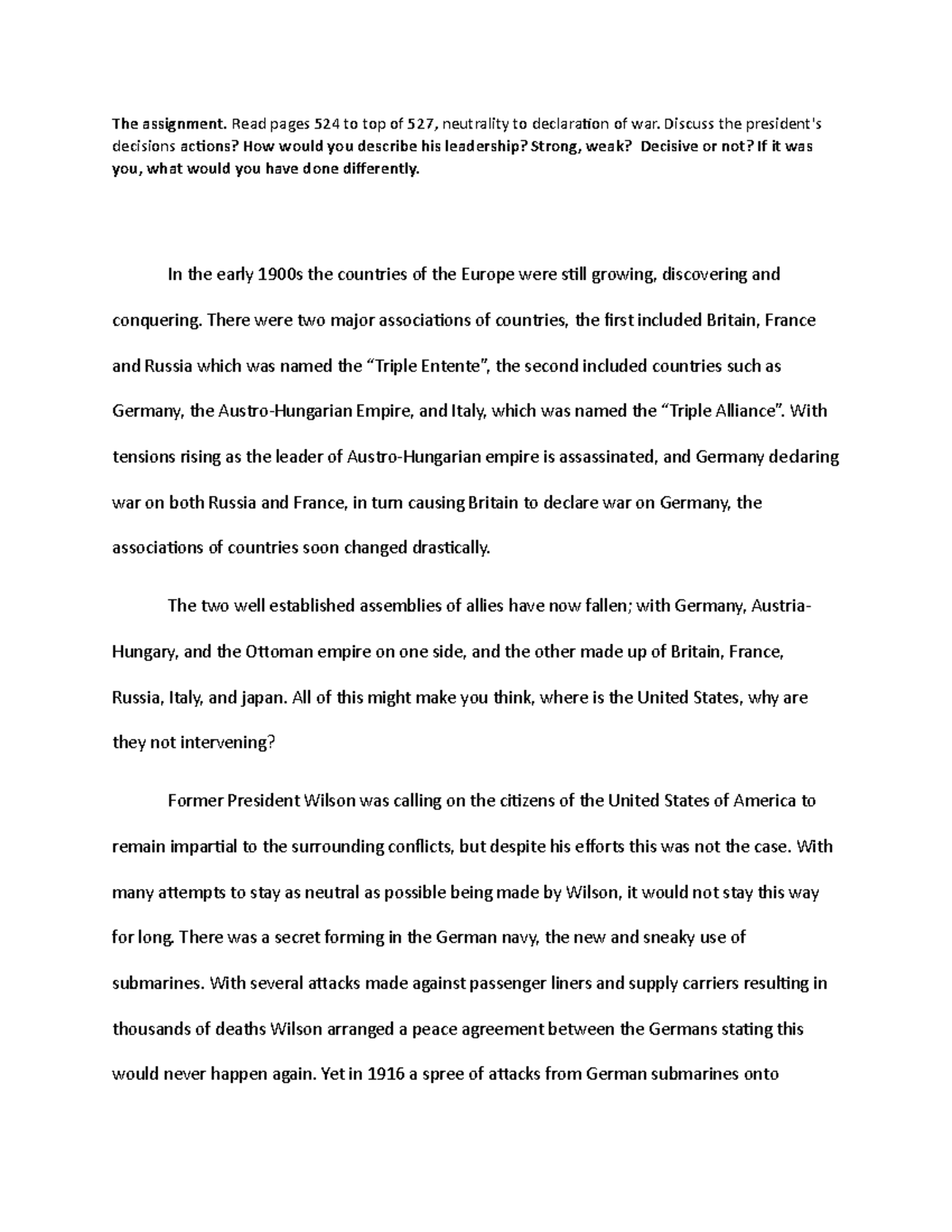 Wilson and WW1 - essay - The assignment. Read pages 524 to top of 527 ...