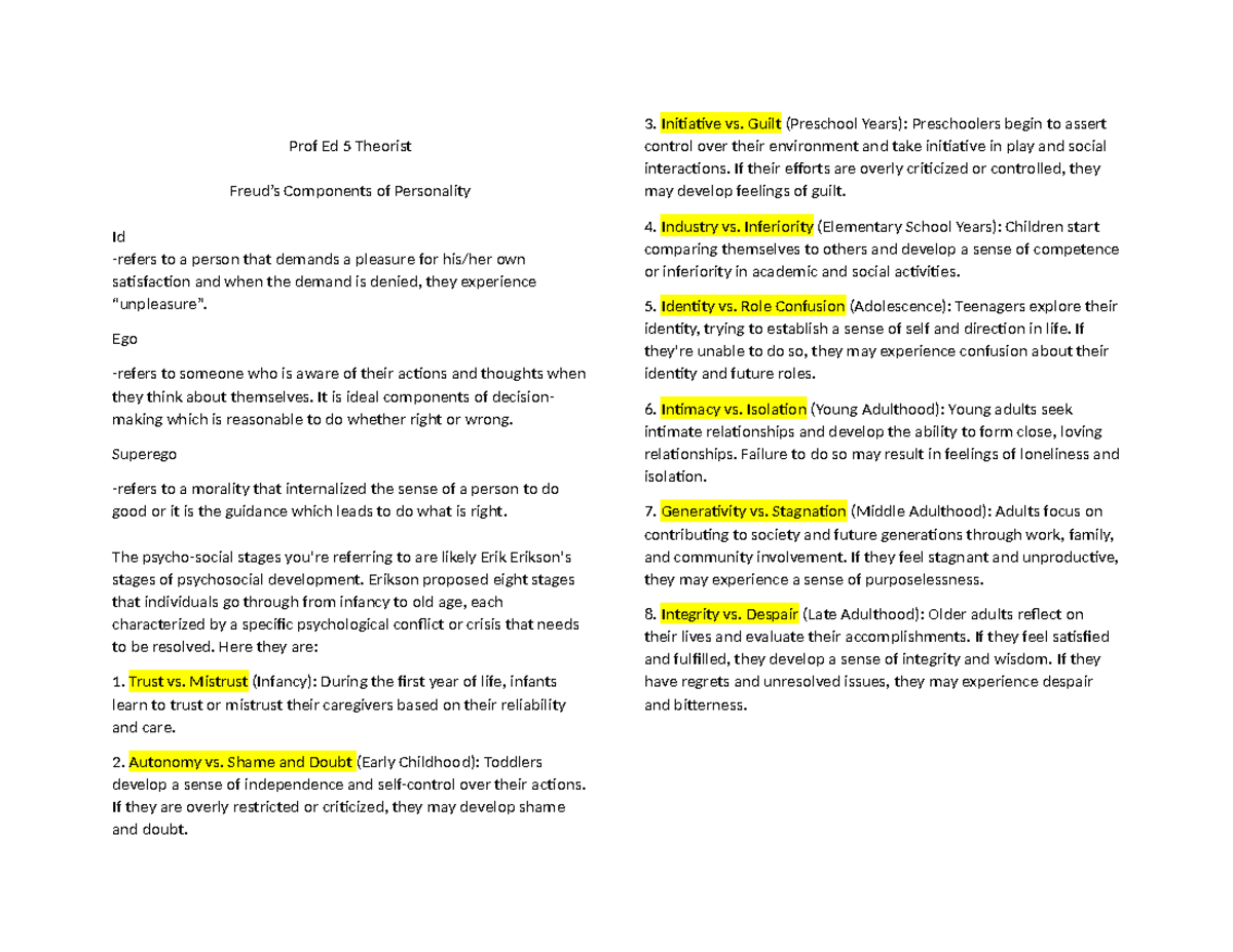 Prof Ed 5 Theorist - Prof Ed 5 Theorist Freud’s Components of ...