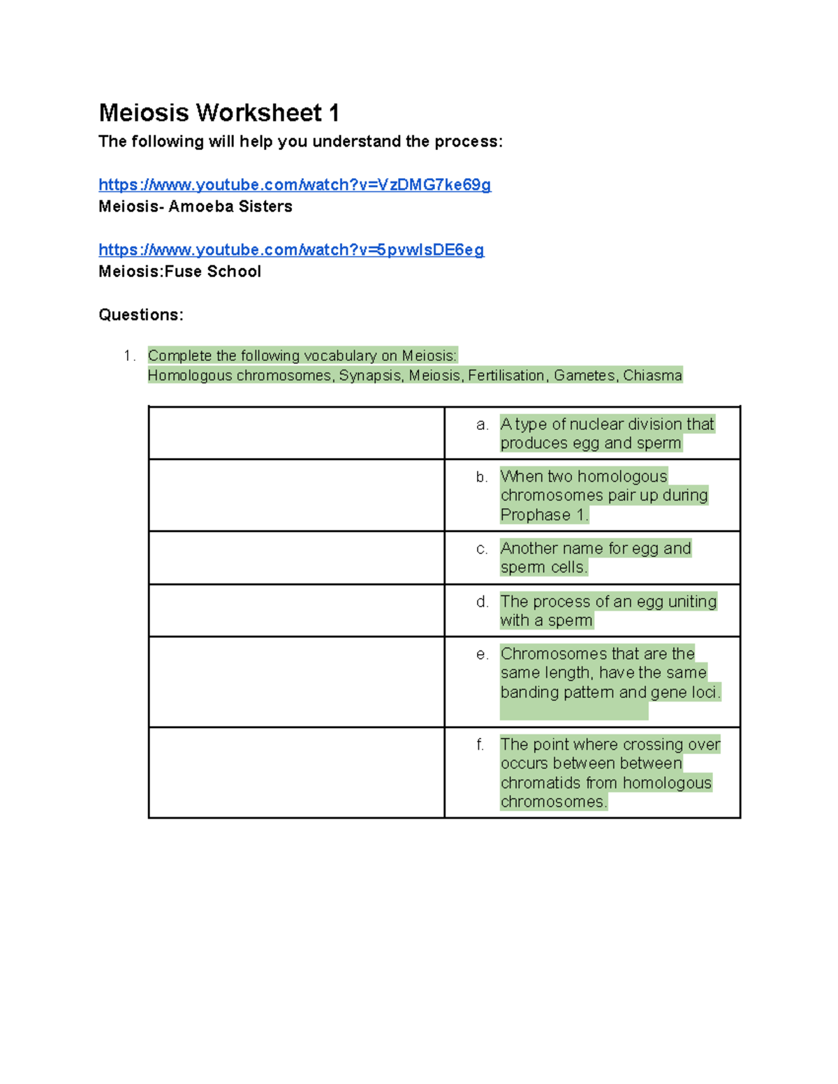 Meiosis Worksheet 1 - Complete the following vocabulary on Meiosis ...