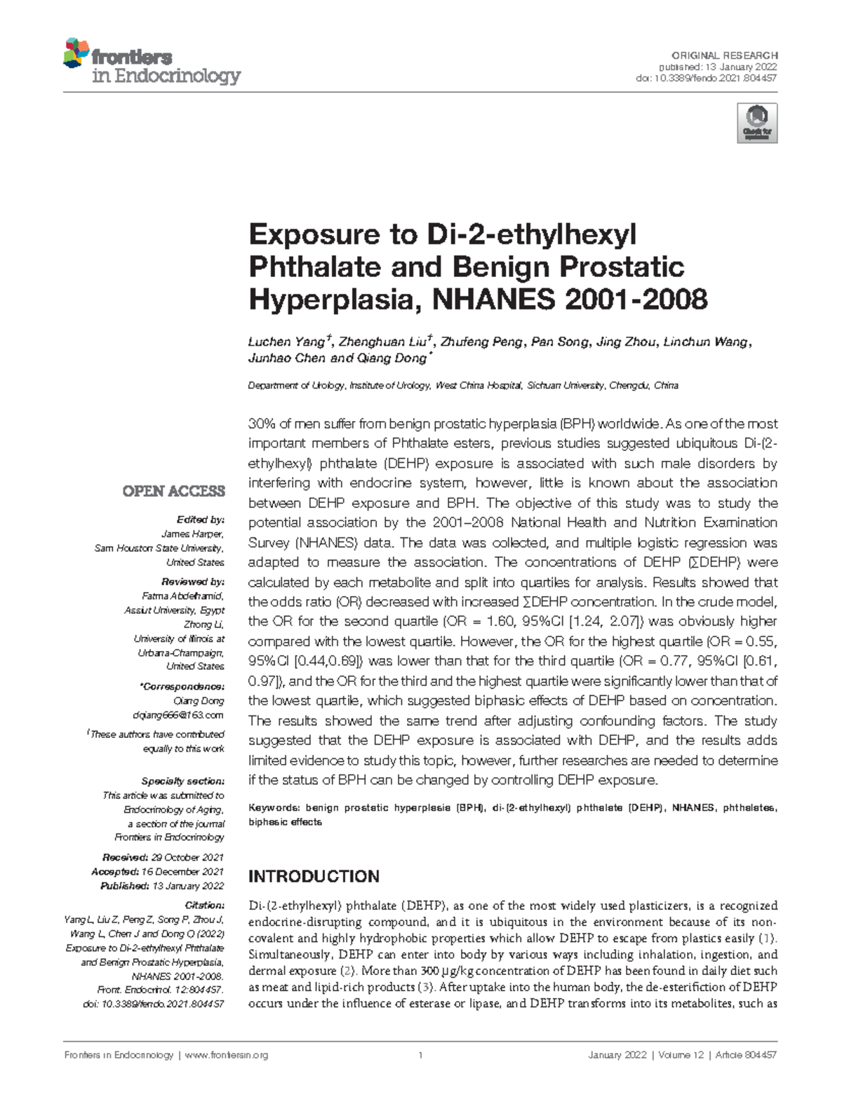 Exposure to Di-2-ethylhexyl Phthalate and Benign Prostatic Hyperplasia, Nhanes 2001-2008 ...