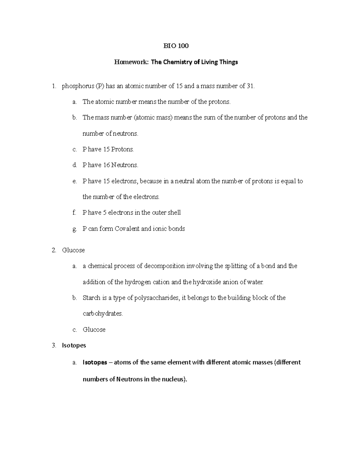 HW3 - Assignment. - BIO 100 Homework: The Chemistry of Living Things ...