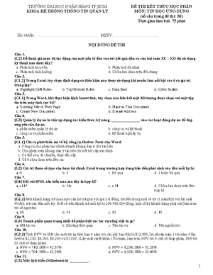 DE THI TIN HOC UNG DUNG 1 - Thi cuối kỳ - TRƯỜNG ĐẠI HỌC NGÂN HÀNG TP ĐỀ THI KẾT THÚC HỌC PHẦN ...