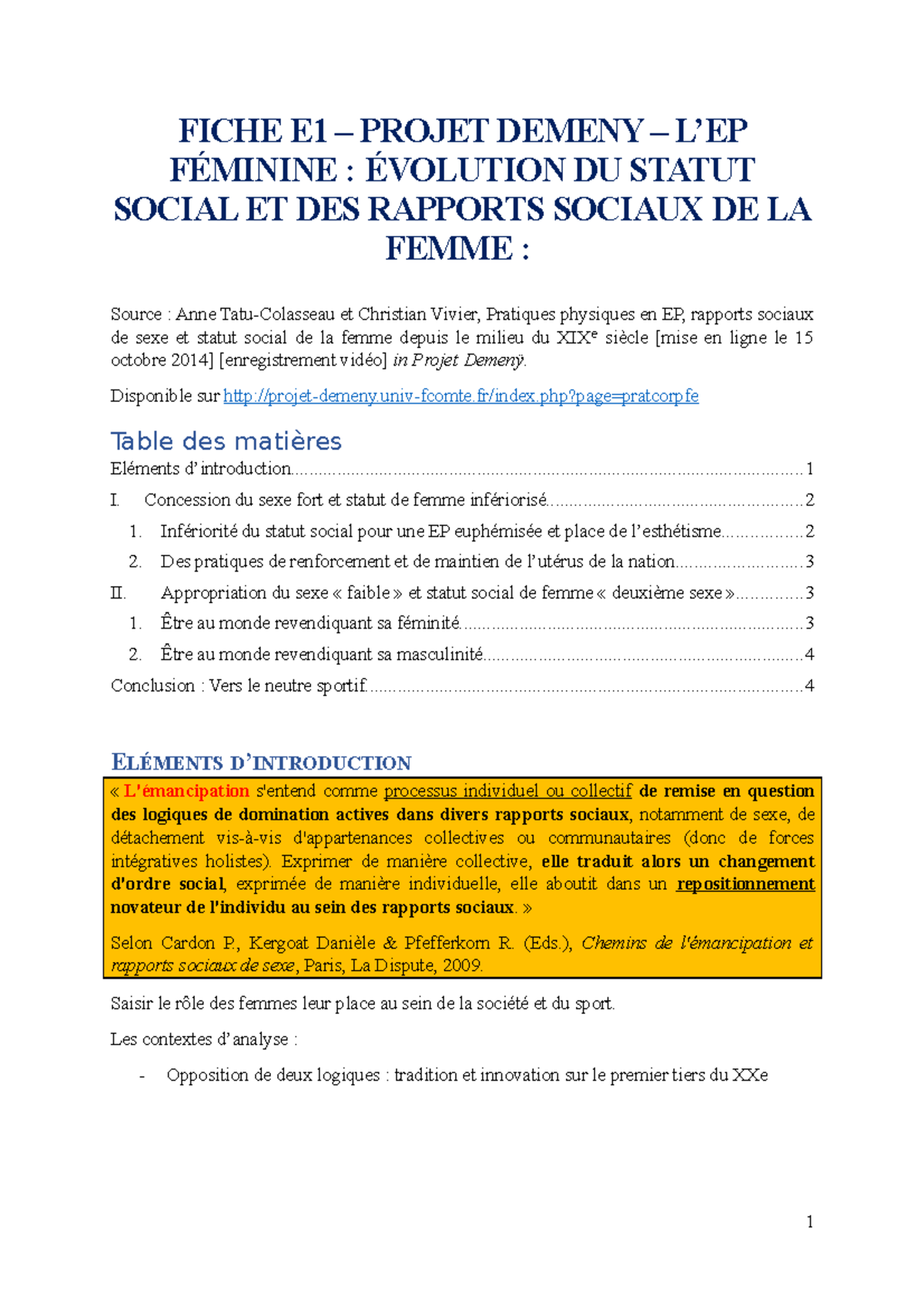 Fiche E1 - Projet demeny - L'EP féminine - FICHE E1 – PROJET DEMENY – L’EP FÉMININE : ÉVOLUTION ...