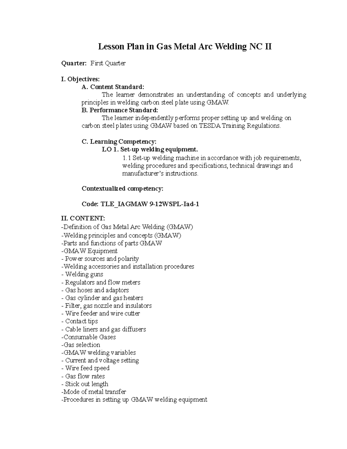 Sample lp in set-up-welding-equipment-GMAW - Lesson Plan in Gas Metal ...