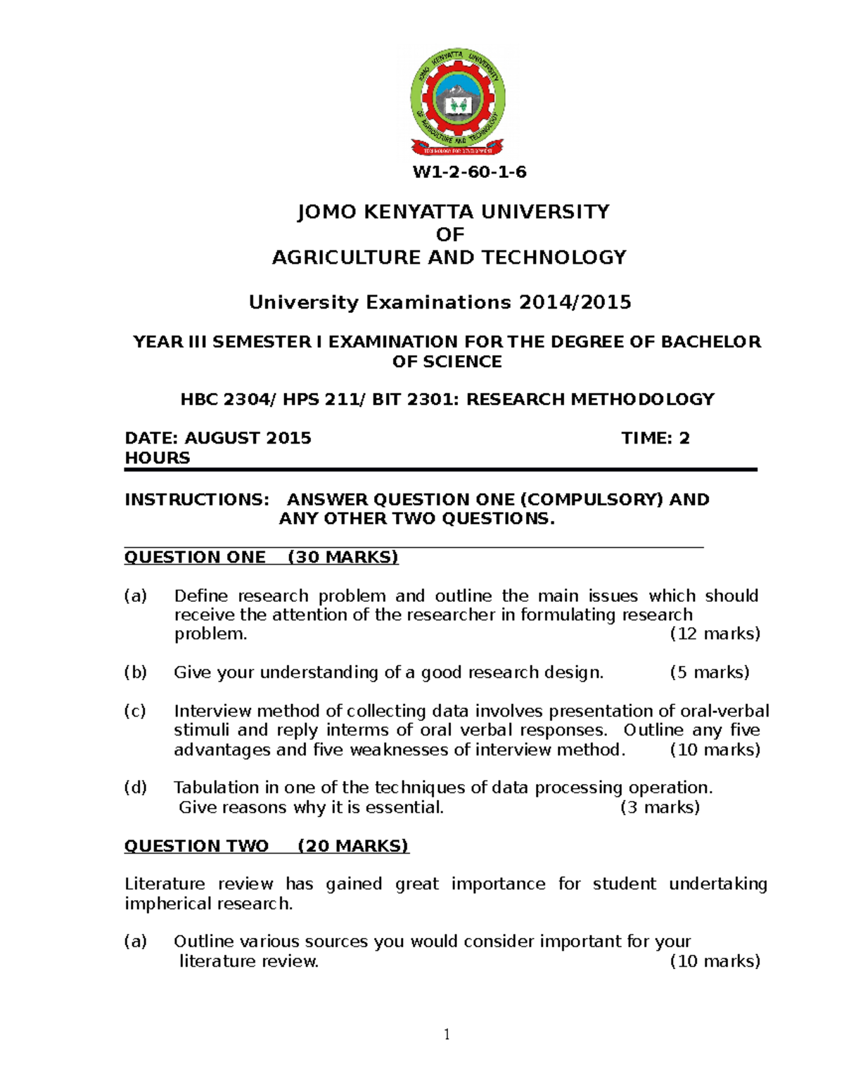 HBC 2304 HPS 211 BIT 2301 Research Methodology - W1-2-60-1- JOMO ...