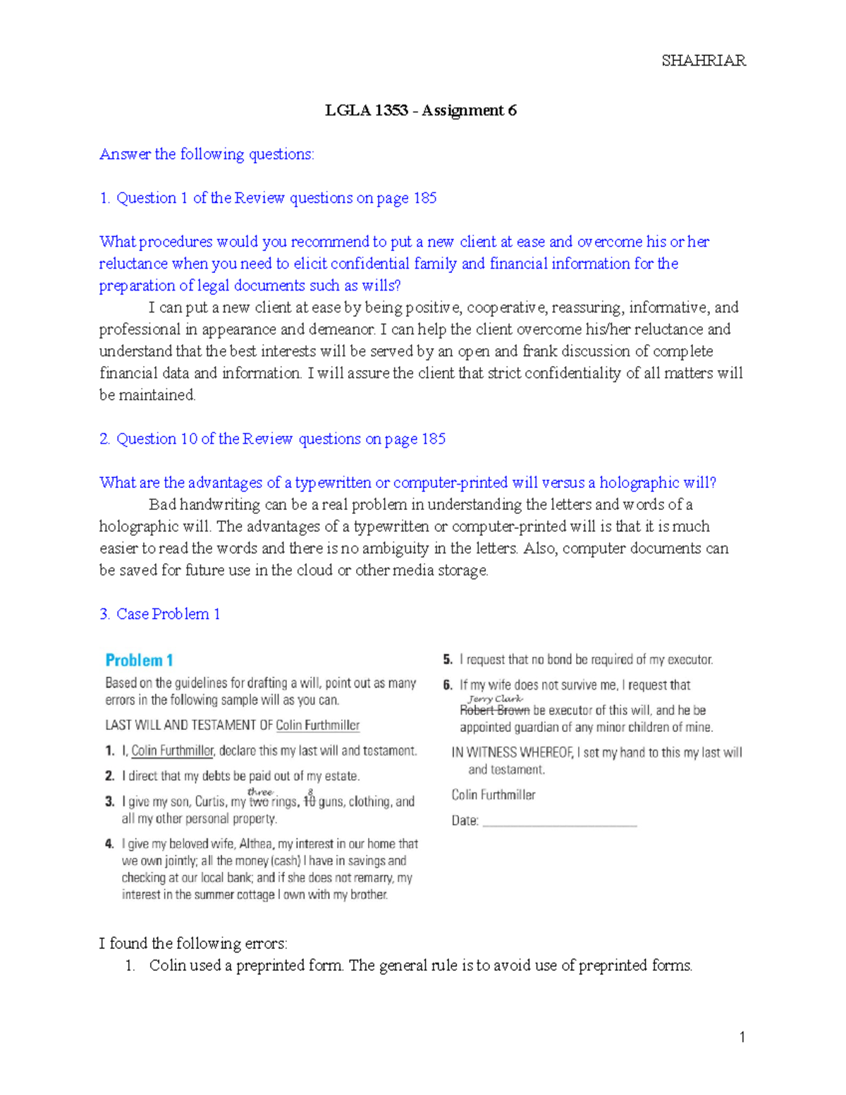 LGLA 1353 - Assignment 6 - SHAHRIAR LGLA 1353 - Assignment 6 Answer the following questions ...