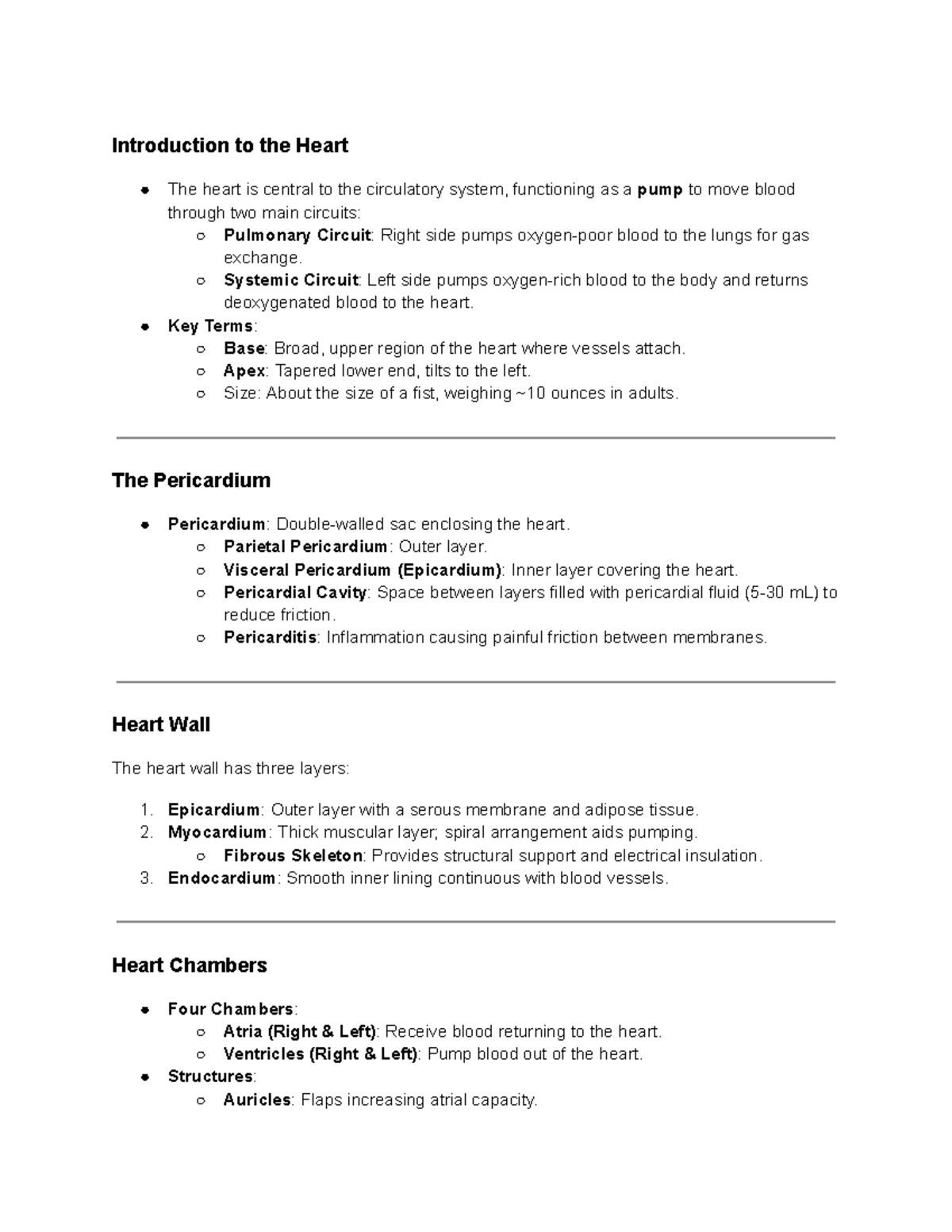 Heart lecture notes part 1 - Introduction to the Heart The heart is ...