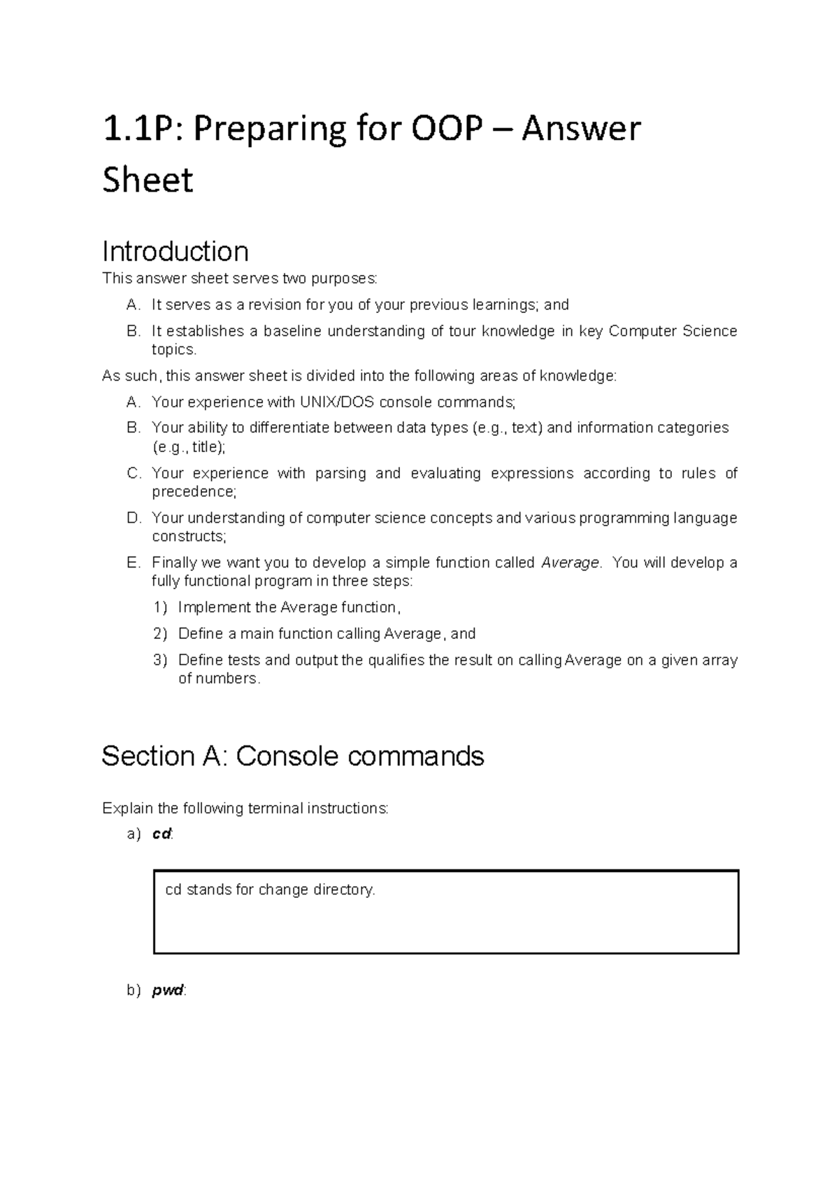 1.1P - Preparing for OOP Answer Sheet-1 - 1: Preparing for OOP – Answer Sheet Introduction This ...