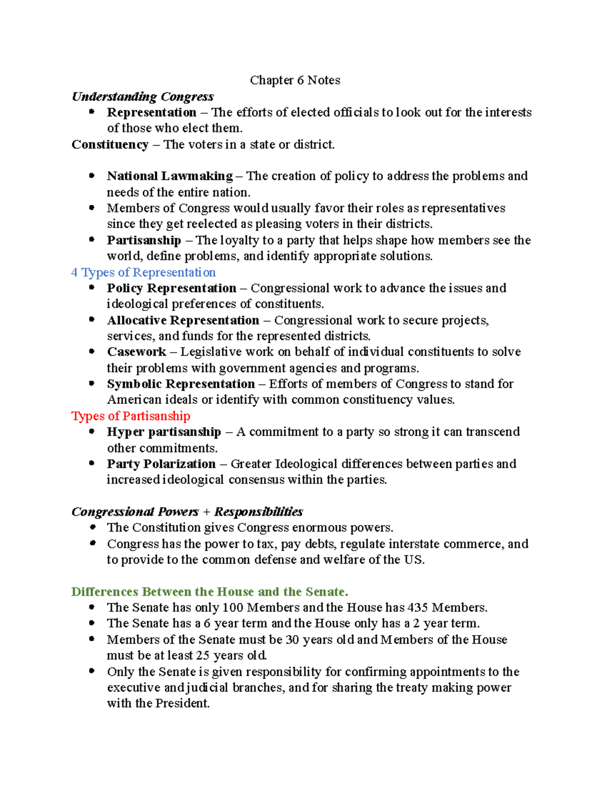 Ch 6 Notes copy - Chapter 6 Notes Understanding Congress Representation ...