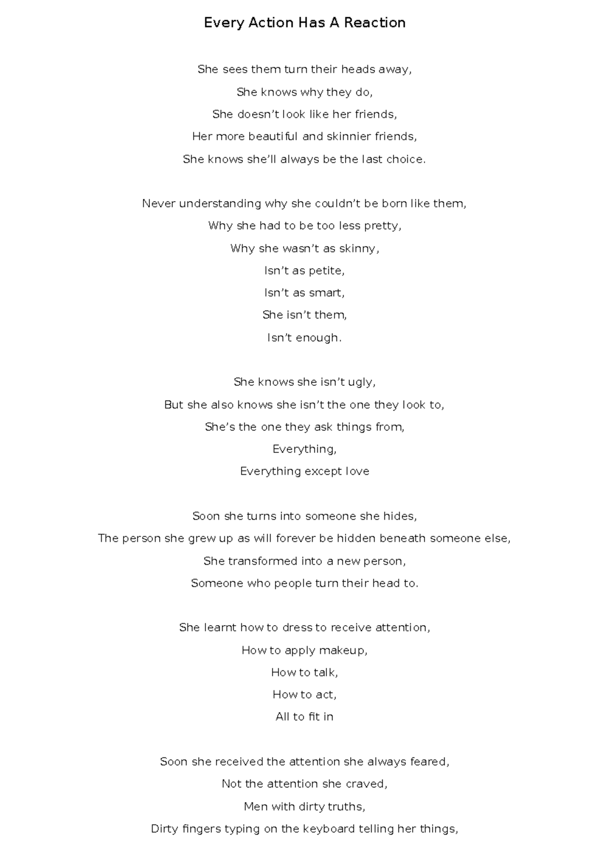 Poem 1 - Every Action Has A Reaction - Every Action Has A Reaction She ...