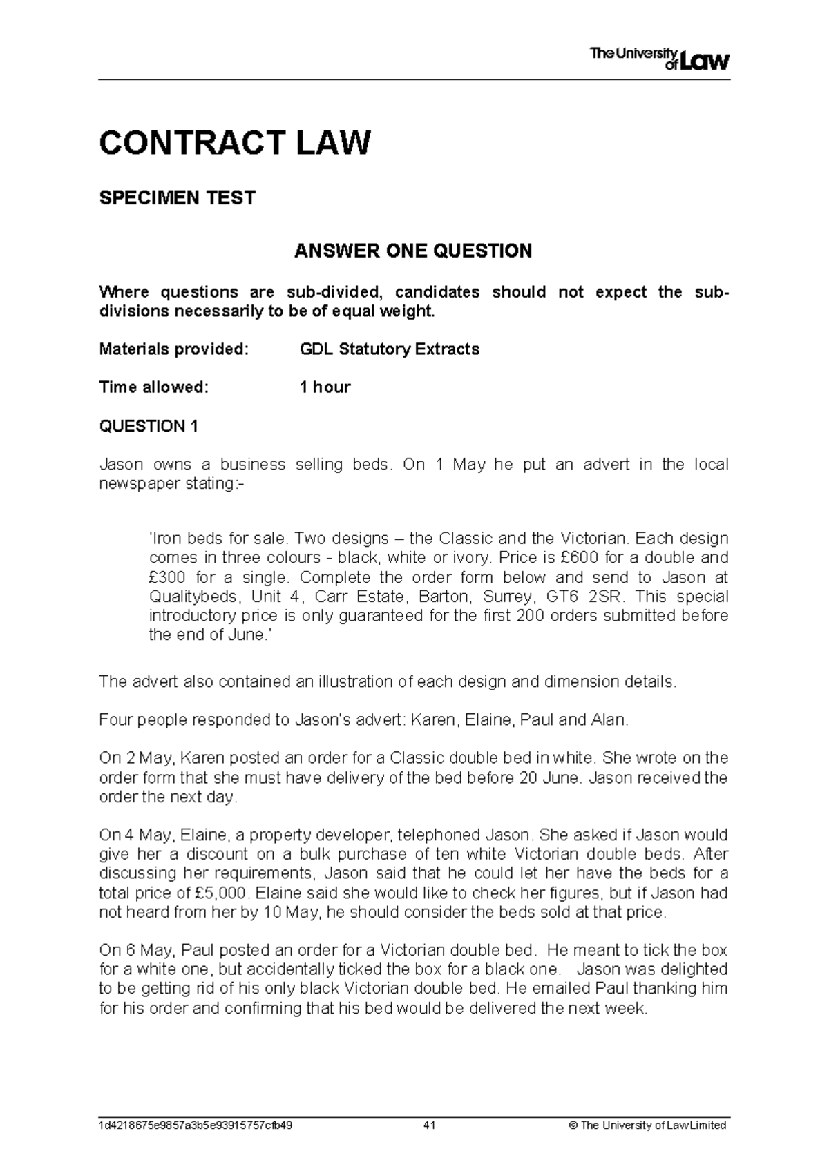 2021 a contract ce01 specimen test - CONTRACT LAW SPECIMEN TEST ANSWER ...