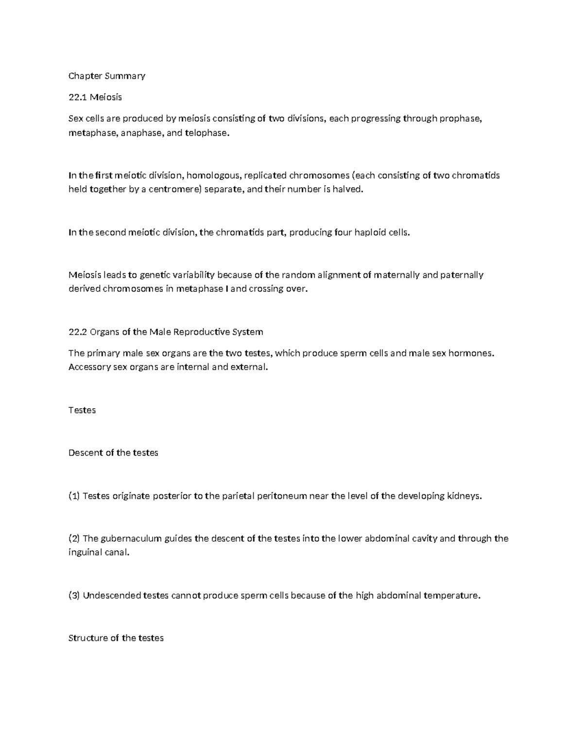 Chapter 22 Reproductive Summary - Chapter Summary 22 Meiosis Sex cells ...