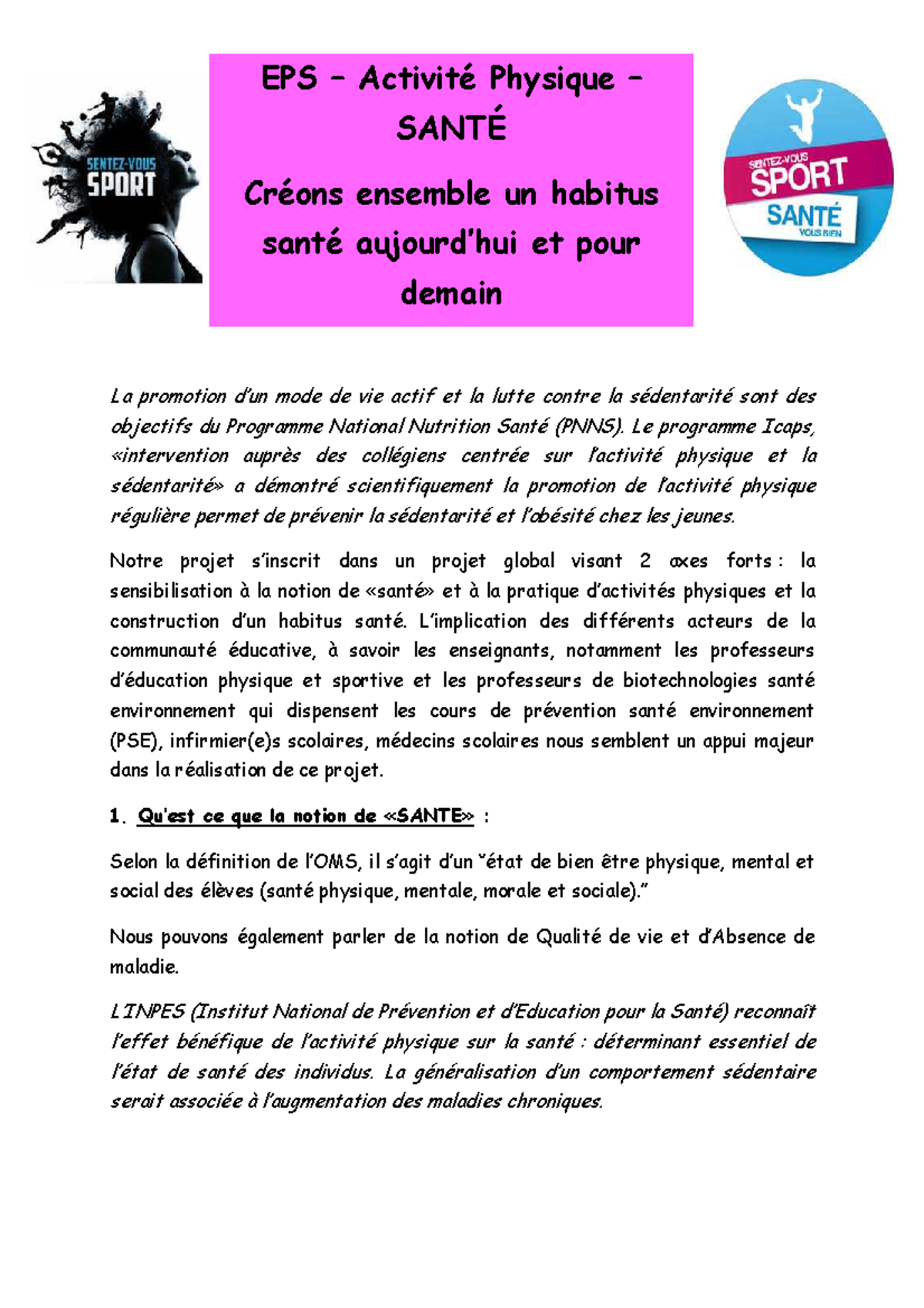 Eps-sante - La santé en EPS - La promotion d’un mode de vie actif et la ...