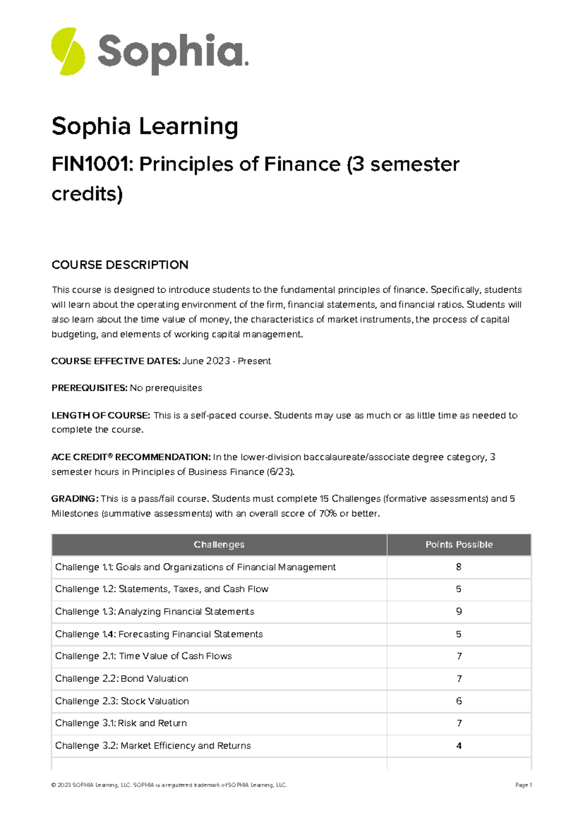 Sophia principles of finance syllabus - Sophia Learning FIN1001 ...