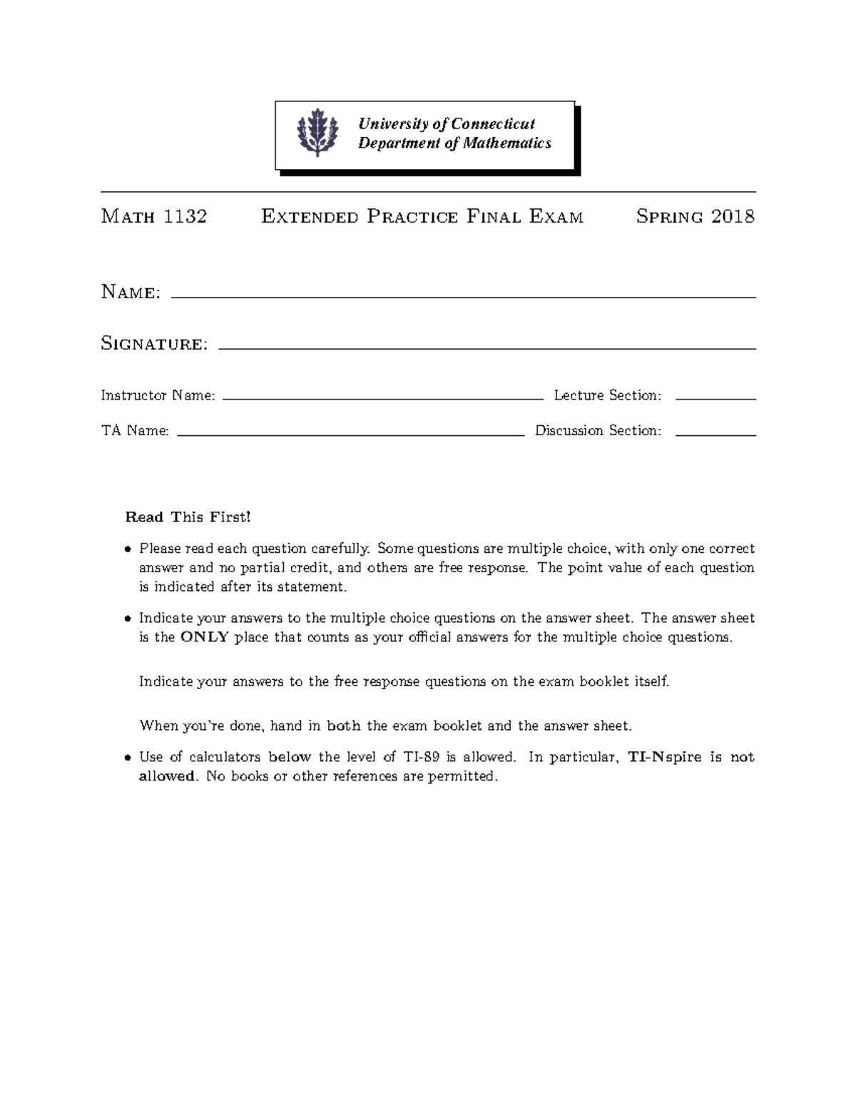 Extended Practice Exam - University of Connecticut Department of ...