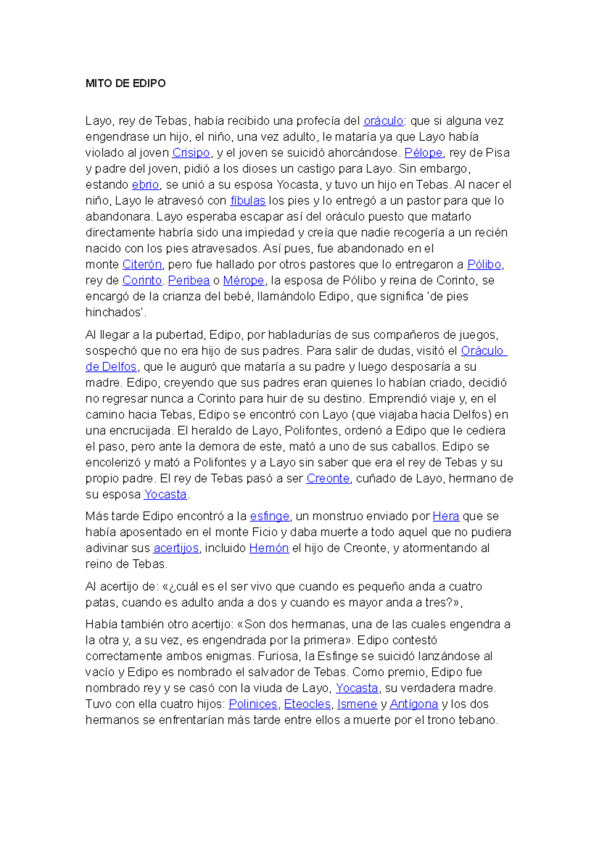 MITO DE Edipo - Mito - MITO DE EDIPO Layo, rey de Tebas, había recibido ...