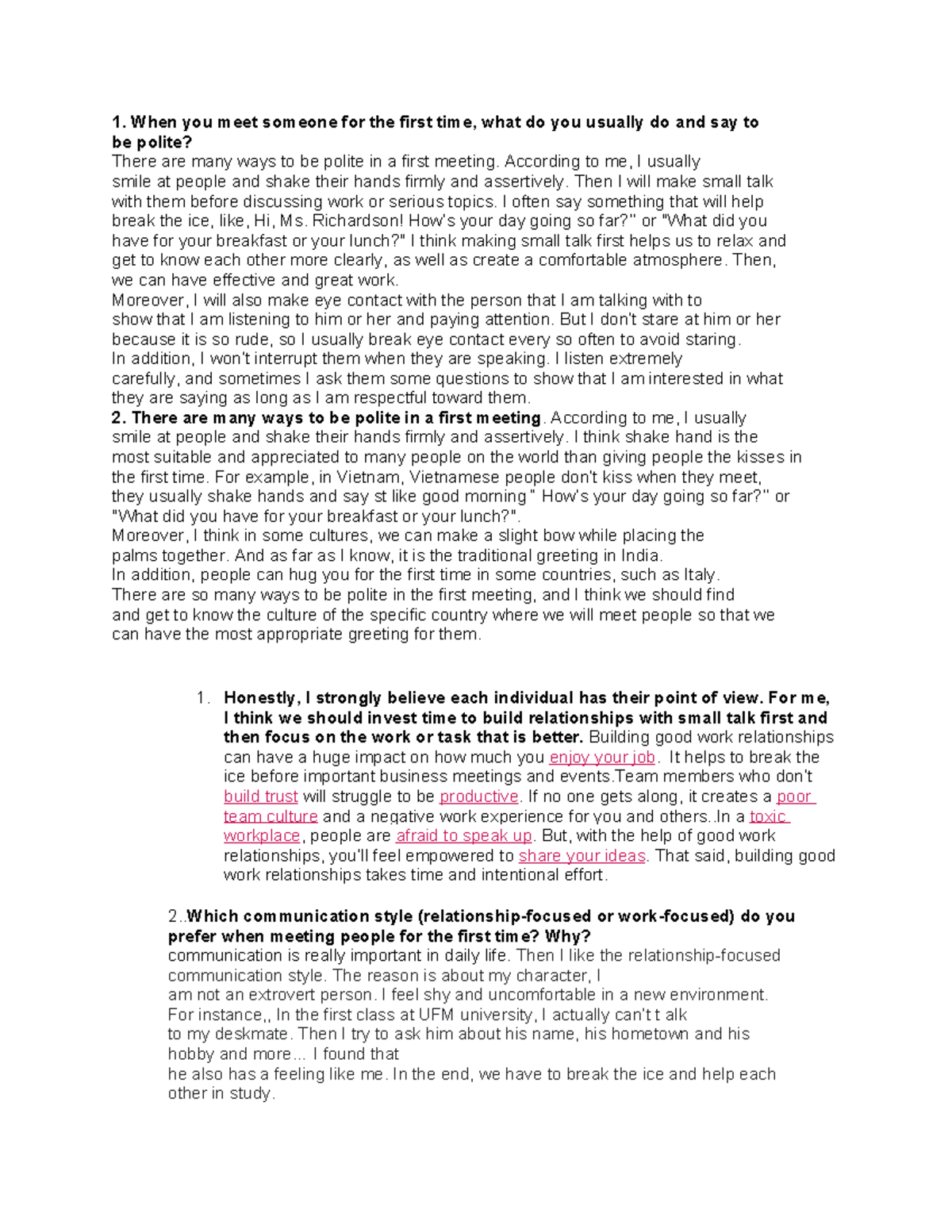 TA5 - When you meet someone for the first time, what do you usually do and say to be polite ...