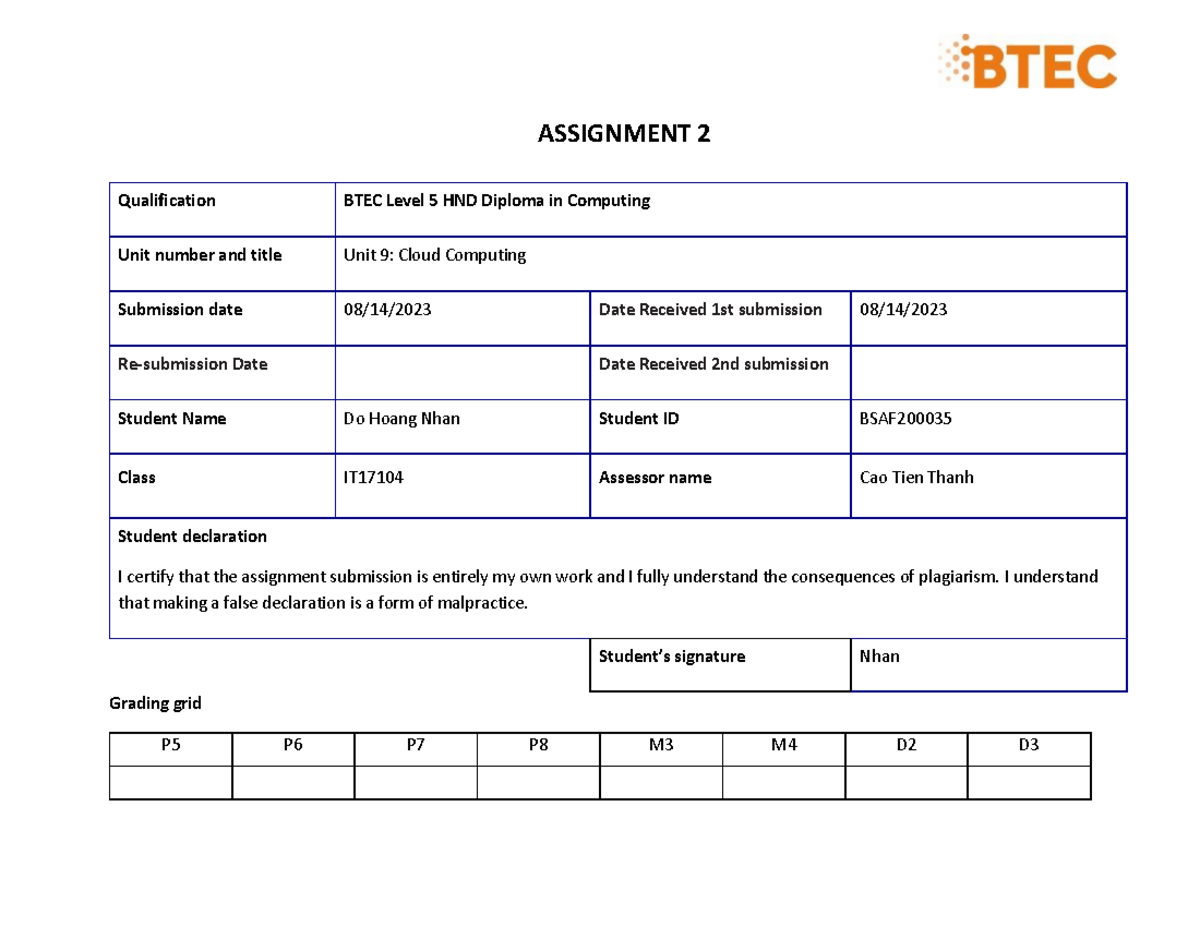 ASM2 - Reference - ASSIGNMENT 2 Qualification BTEC Level 5 HND Diploma in Computing Unit number ...