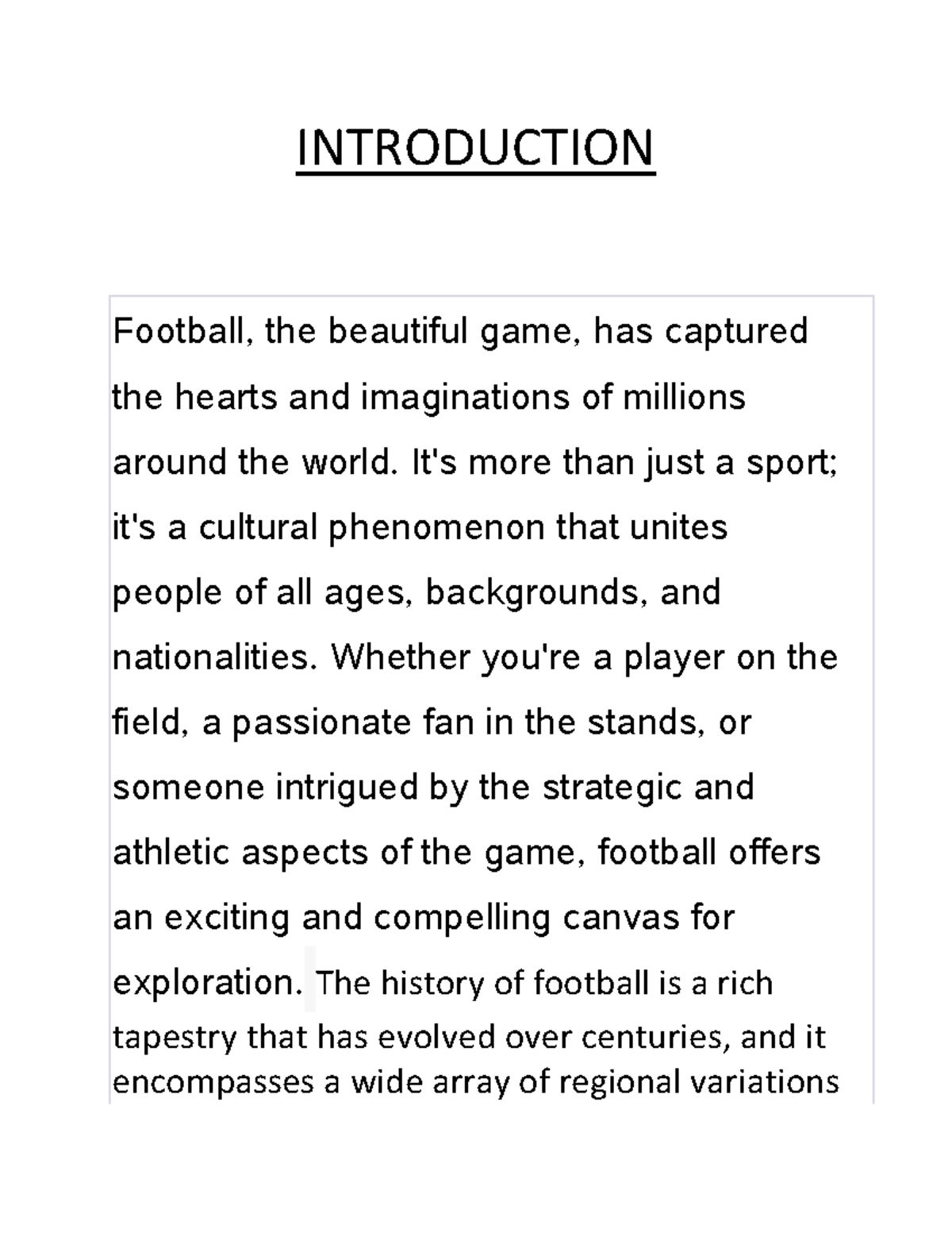 Physical Education upload - INTRODUCTION Football, the beautiful game ...