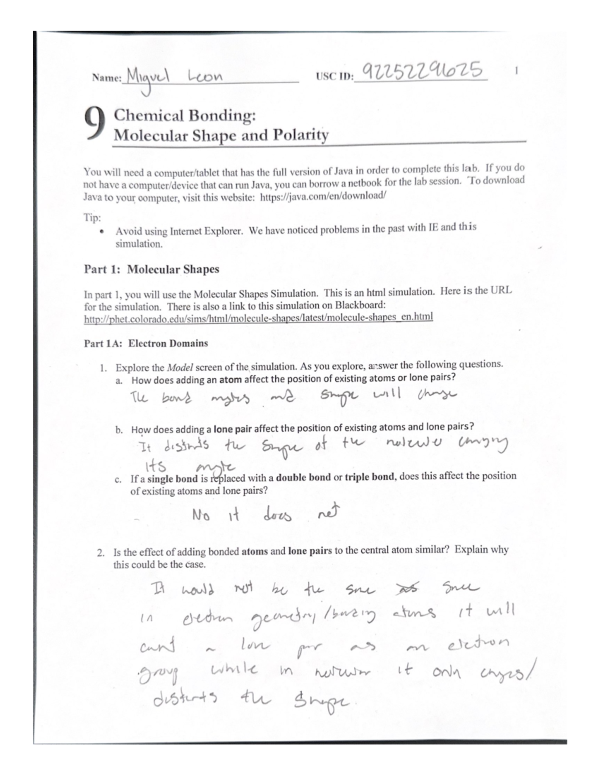 Experiment 9 worksheet - CHEM105aLg - Studocu