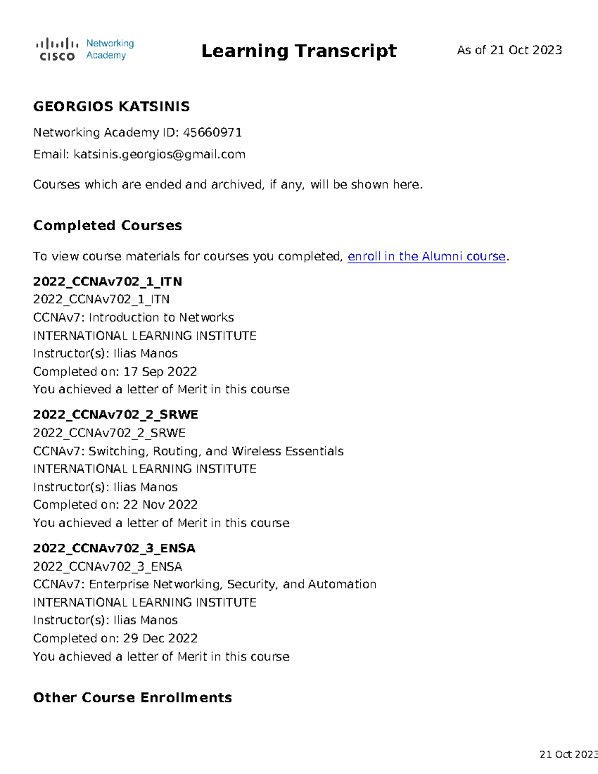 Net Acad Learning Transcript - Learning Transcript As of 21 Oct 2023 ...