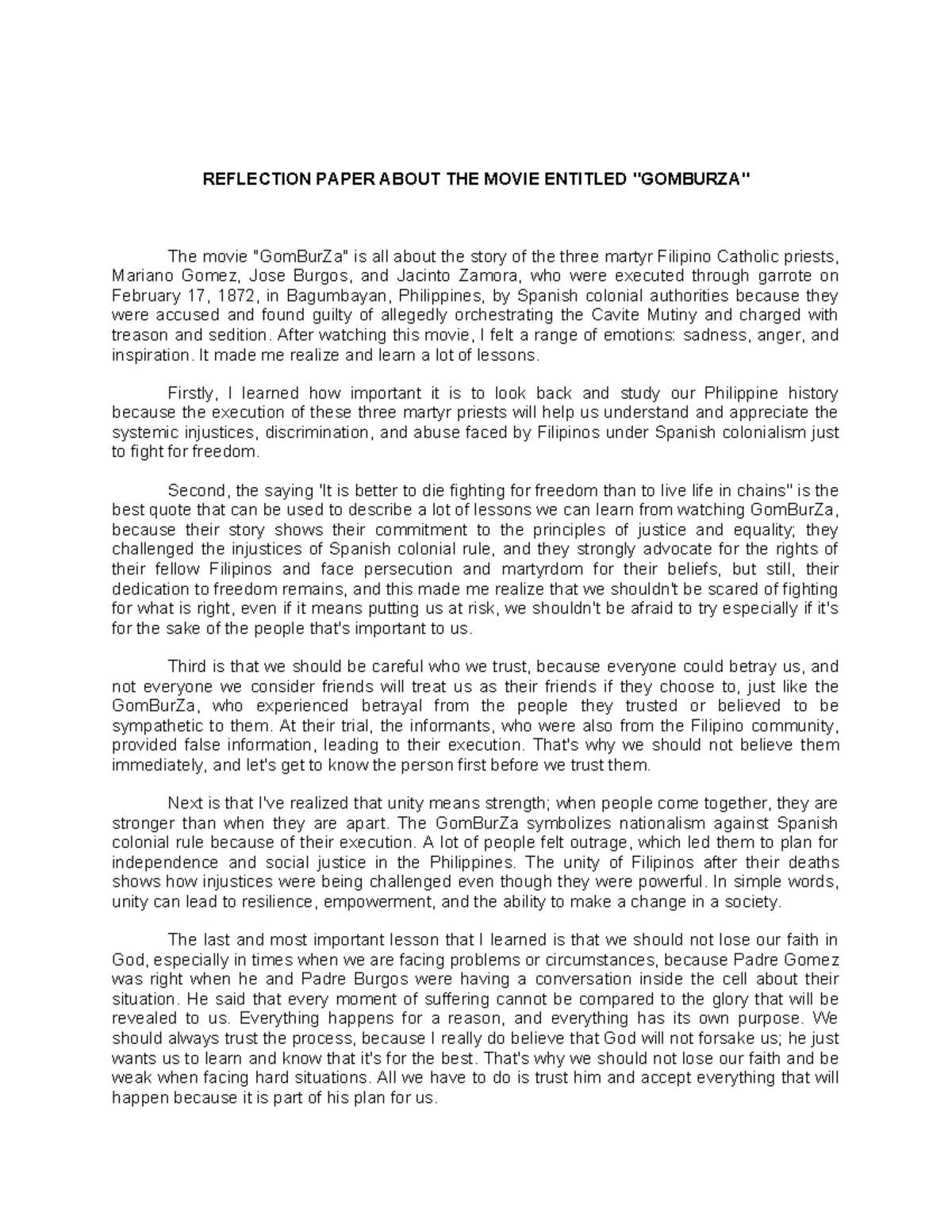 Gomburza - Reflection Paper - REFLECTION PAPER ABOUT THE MOVIE ENTITLED ...