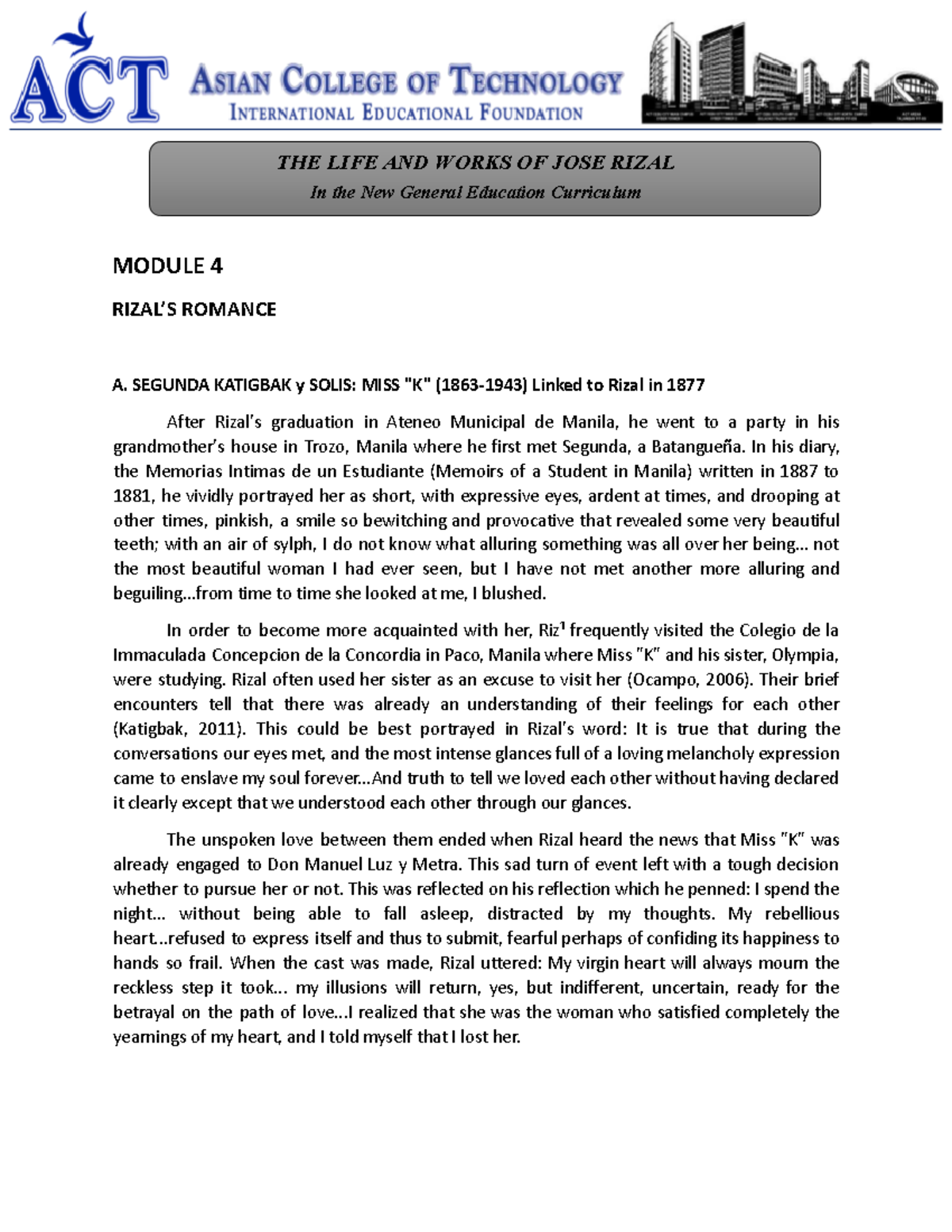 Midterm WEEK 4 Module - ctto. (ACT Faculty) - THE LIFE AND WORKS OF ...